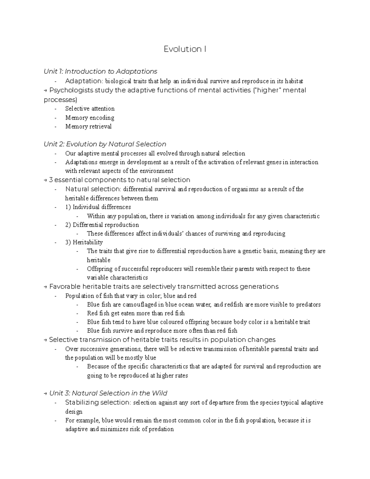 Evolution I + II - notes - Evolution I Unit 1: Introduction to ...