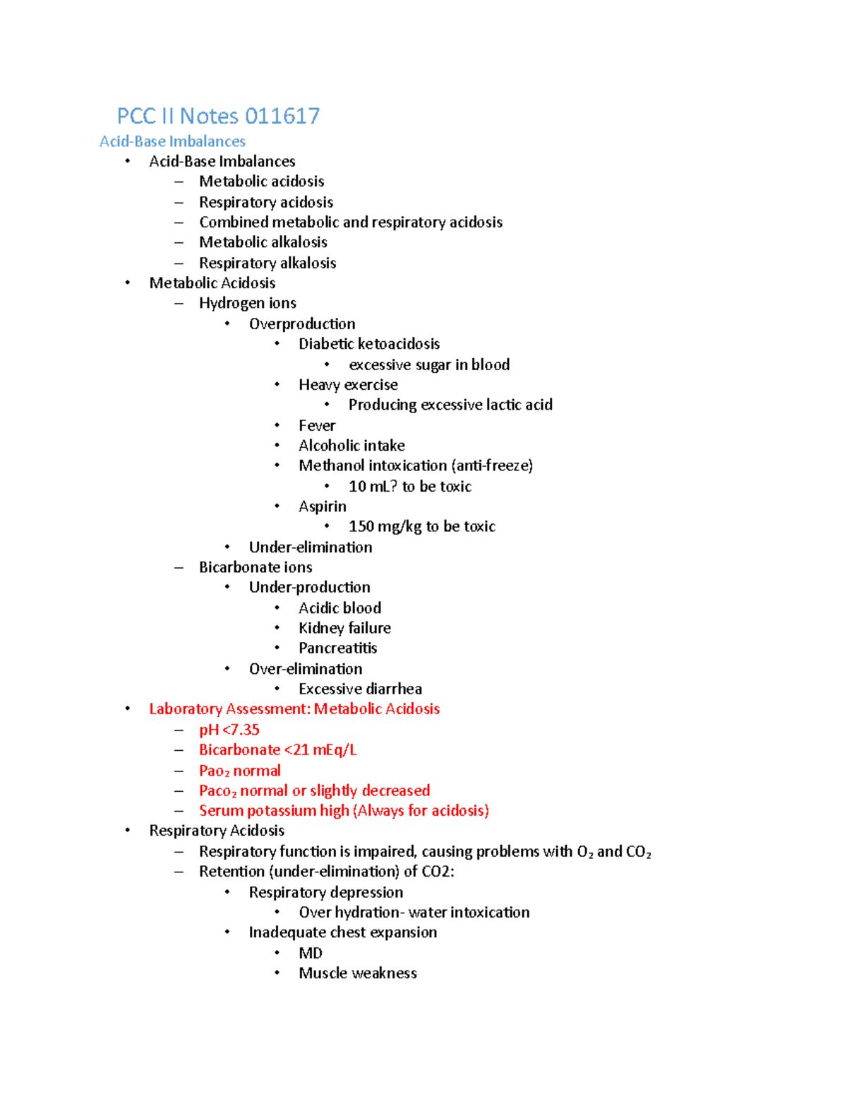 PCC II Notes 011617 - PCC II Notes 011617 Acid-Base Imbalances - Acid ...
