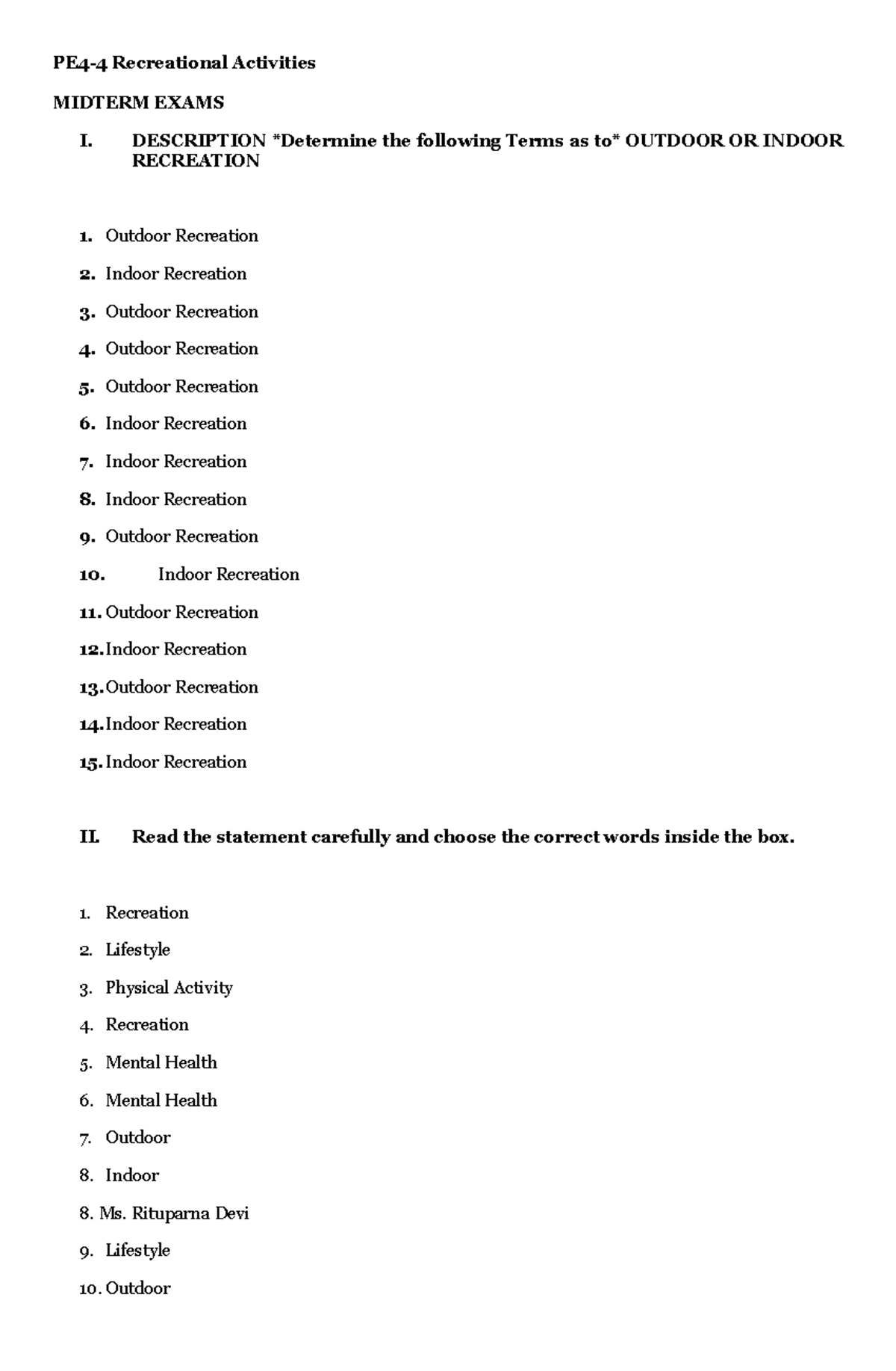 SAMPLE MIDTERM EXAMINATION - PE4-4 Recreational Activities MIDTERM ...