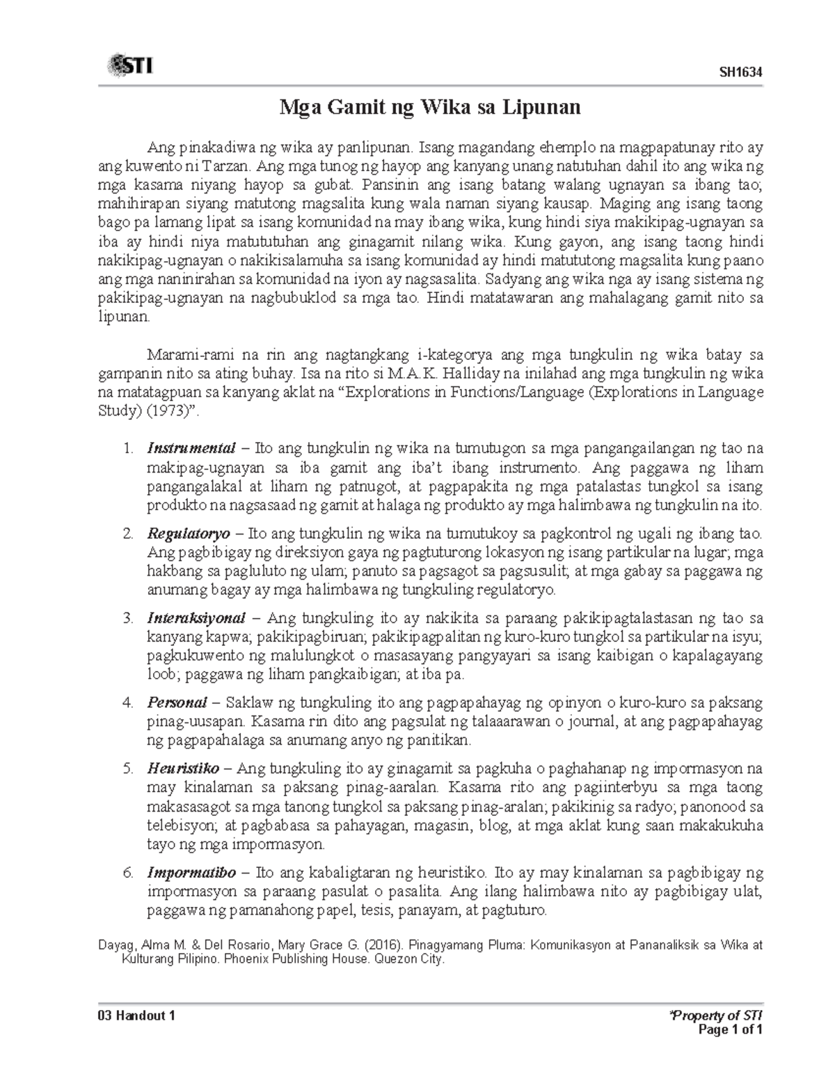 03 Handout 1 - ... - SH 03 Handout 1 *Property of STI Page 1 of 1 Mga Gamit ng Wika sa Lipunan ...