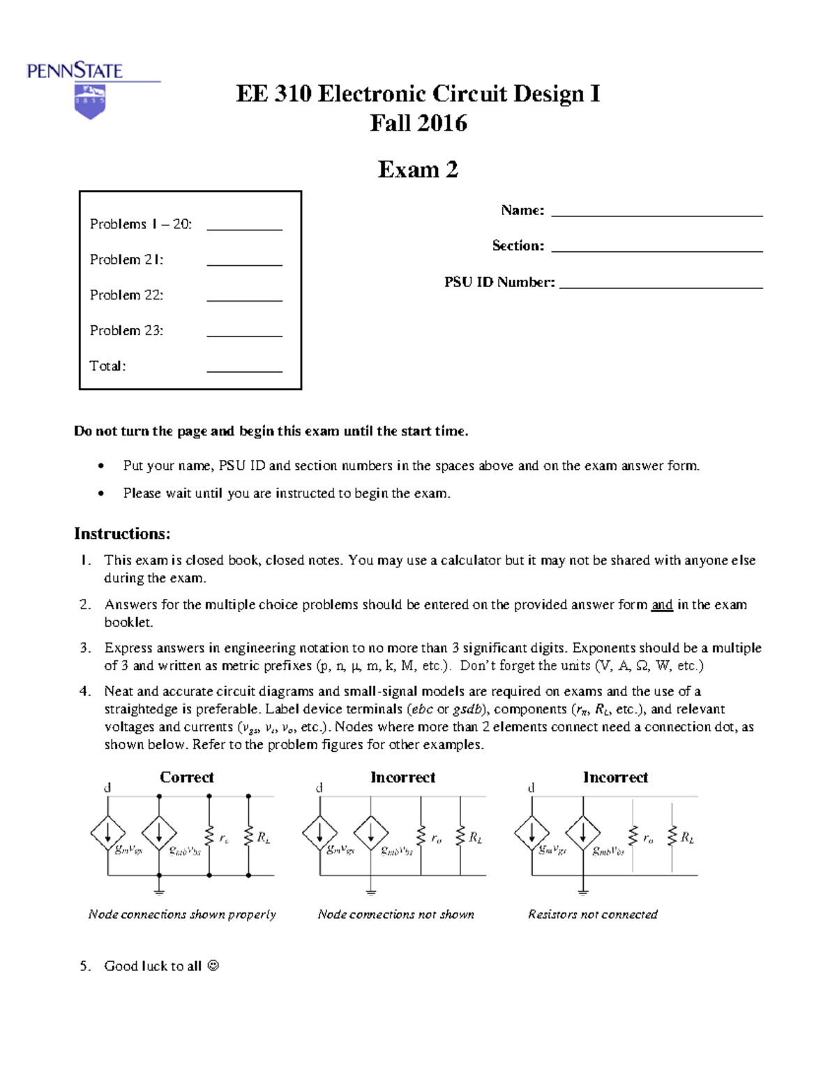 Sample Exam A2 - practice exam - EE 310 Electronic Circuit Design I ...