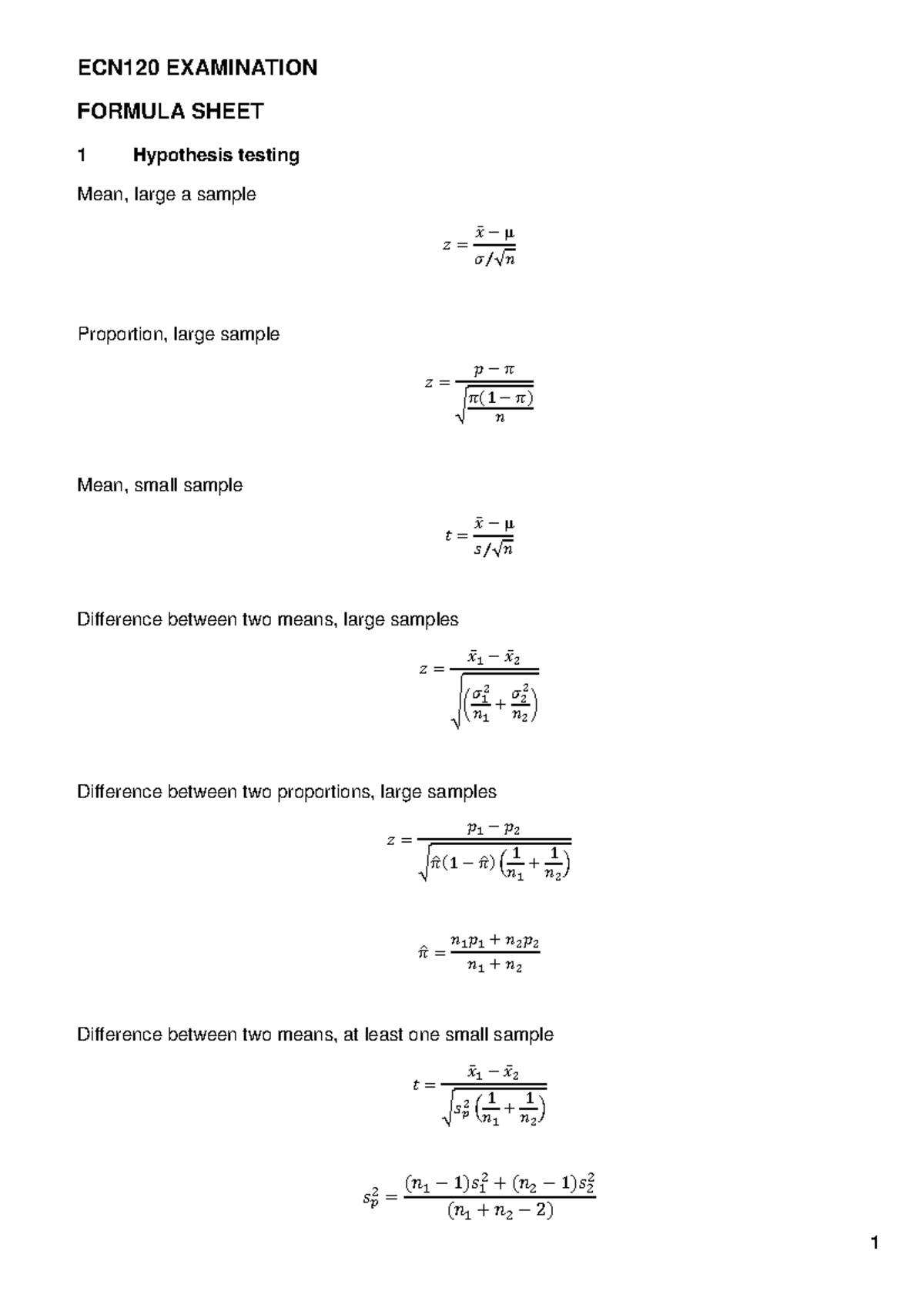 ECN 120-exam-Formula Sheet- Final 40138 - ECN120 EXAMINATION FORMULA ...