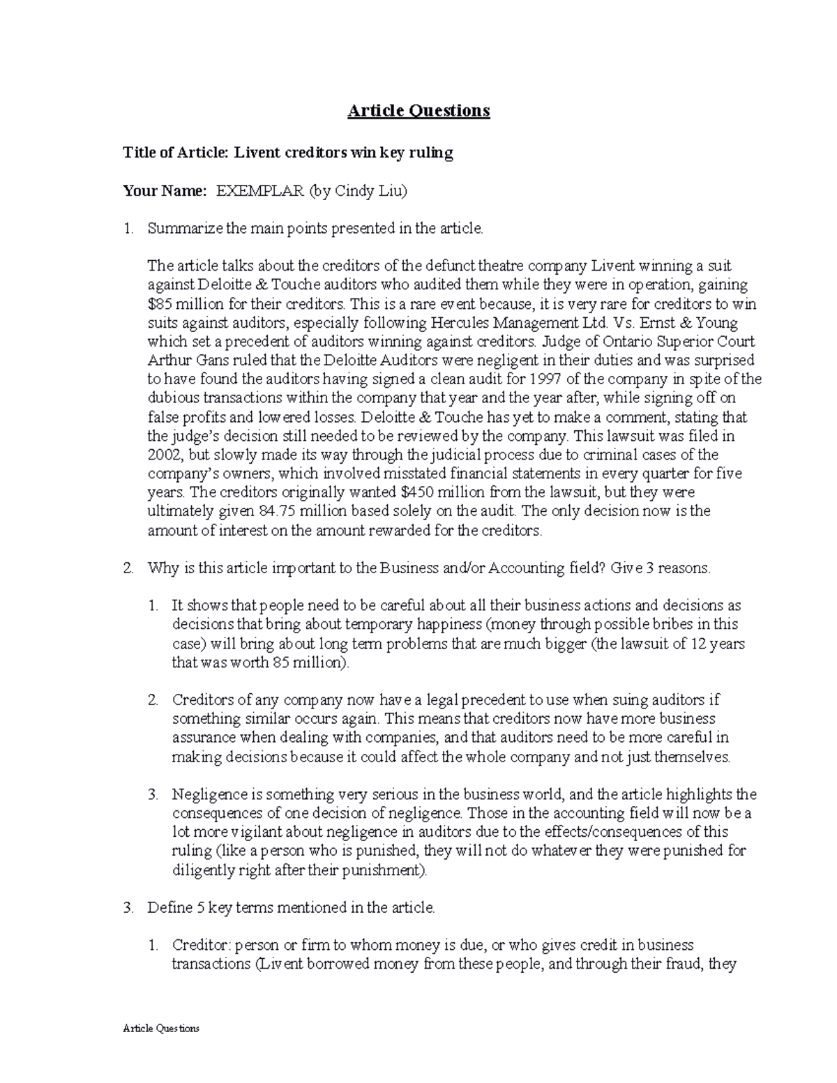 Article Research Exemplar - Article Questions Title of Article: Livent ...