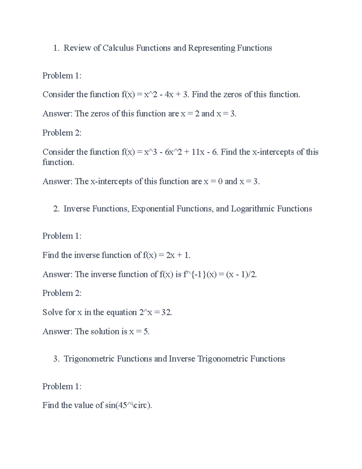 MA 161 Practice Homework E1 - Review of Calculus Functions and ...