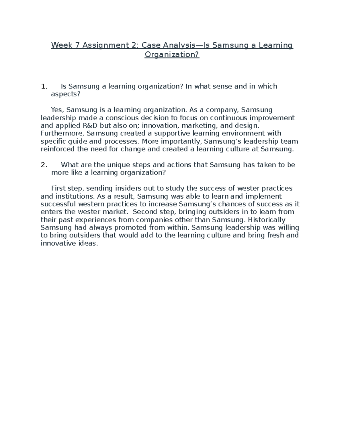 Week 7 Assignment 2- Case Analysis—Is Samsung a Learning Organization - BMGT818G - Studocu
