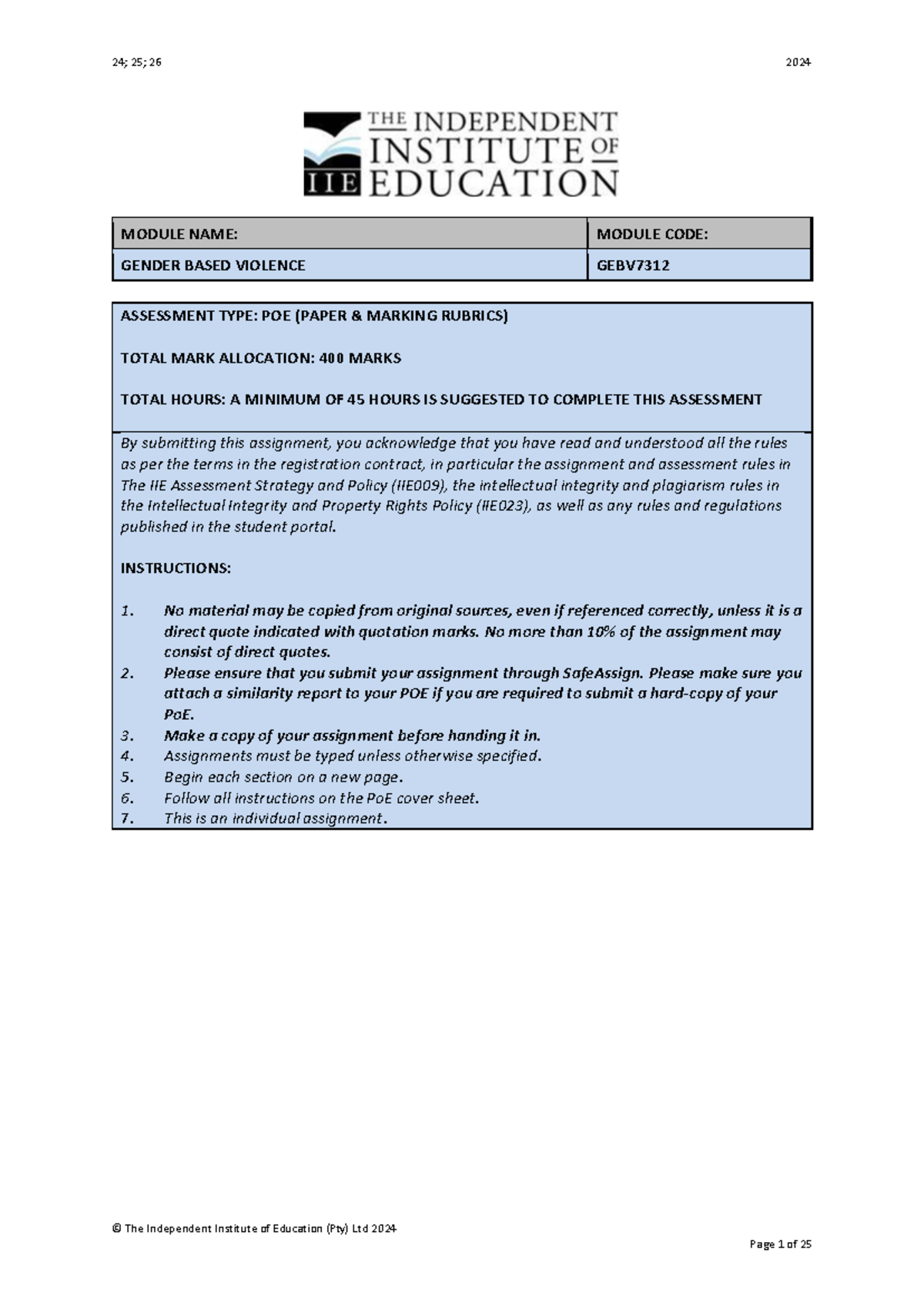 GEBV7312 POE - Modular outline - 24 ; 25; 26 2024 © The Independent Institute of Education (Pty ...