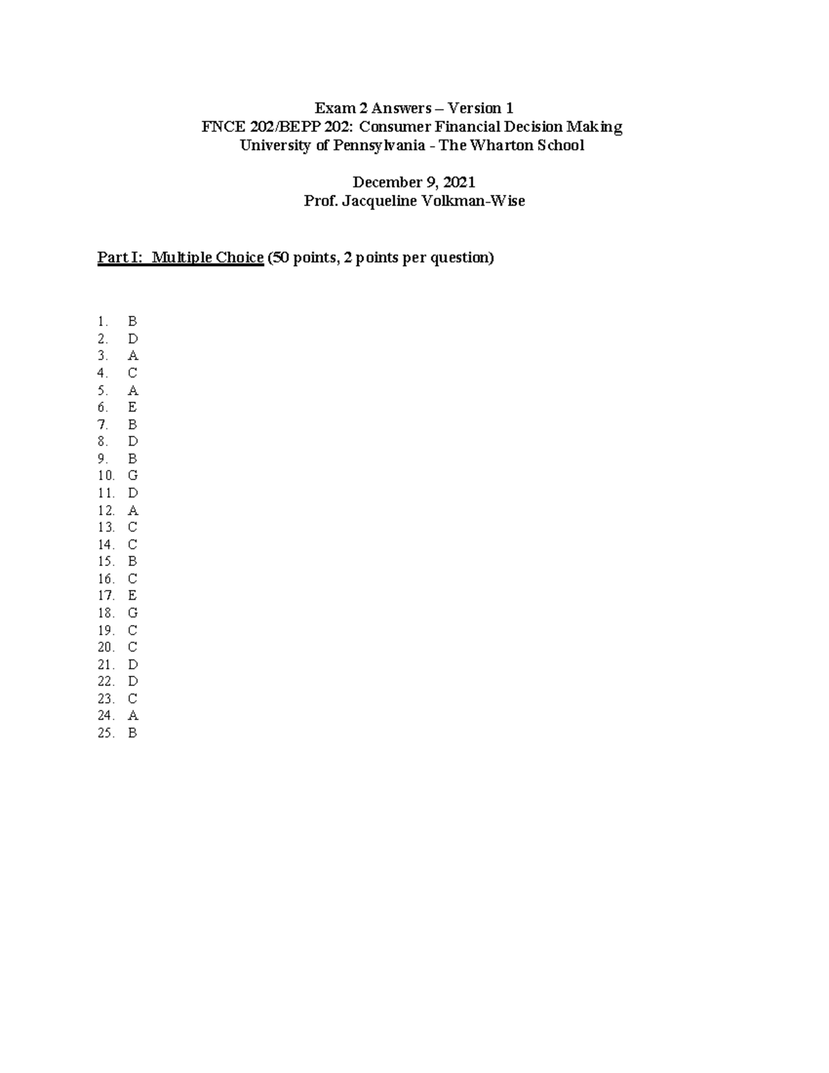 Exam 2 Answers - Version 1 - Exam 2 Answers – Version 1 FNCE 202/BEPP ...