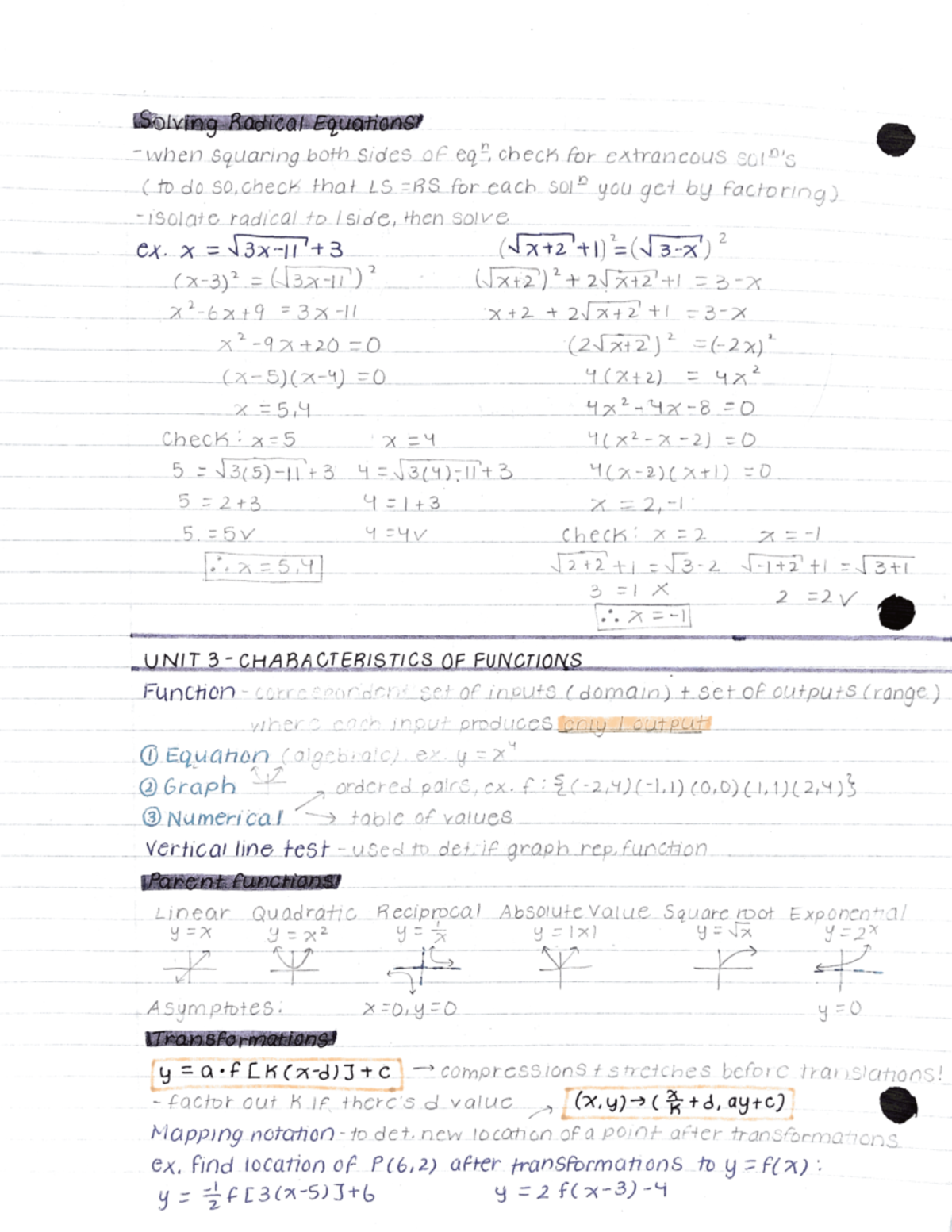 Advanced Functions Unit 3 Characteristics of Functions Notes - Studocu