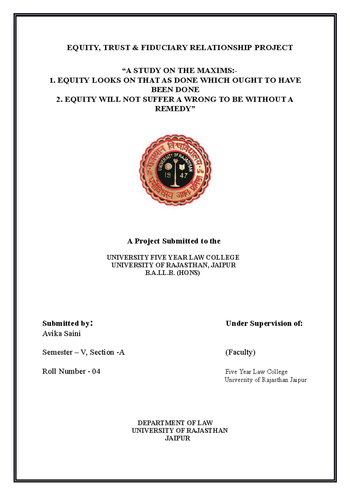 Equity Project - nil - EQUITY, TRUST & FIDUCIARY RELATIONSHIP PROJECT ...