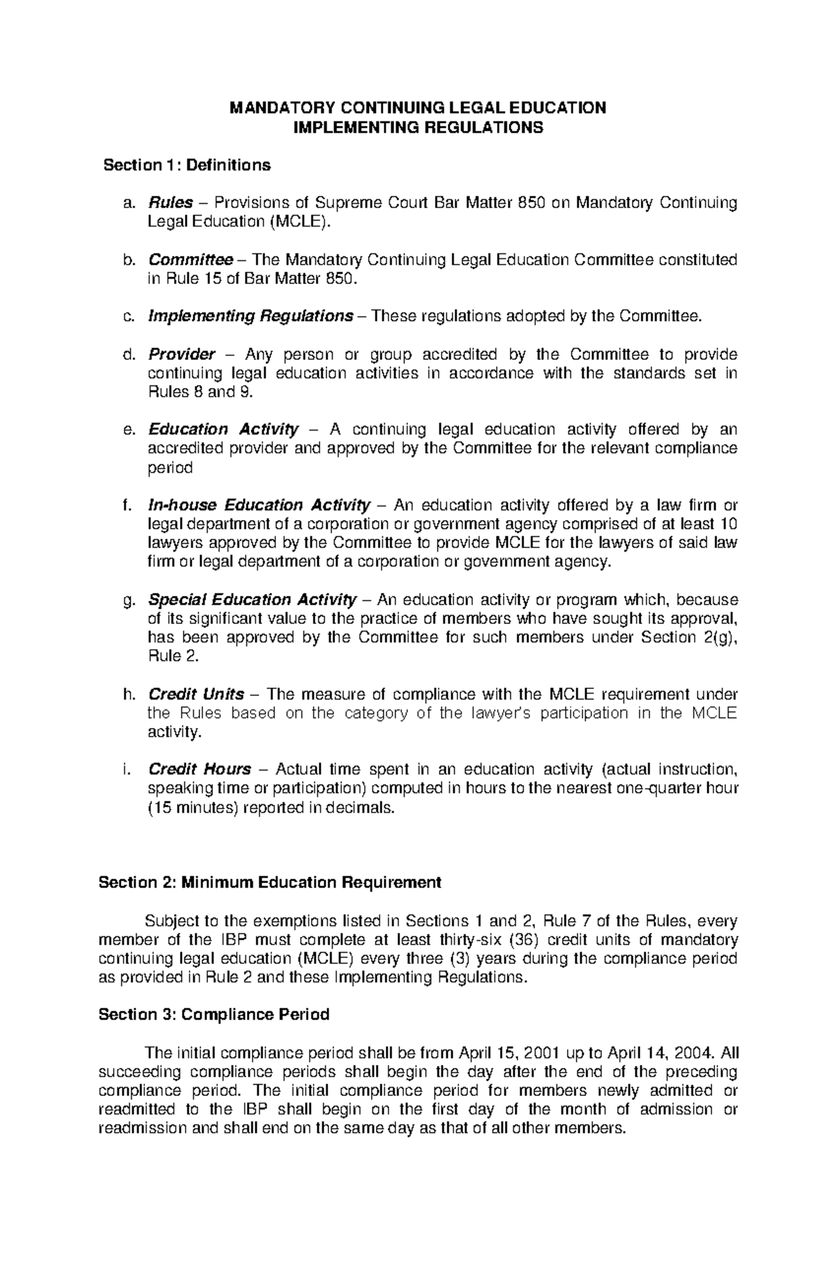 MCLE-IRR 241103 214601 - MANDATORY CONTINUING LEGAL EDUCATION ...