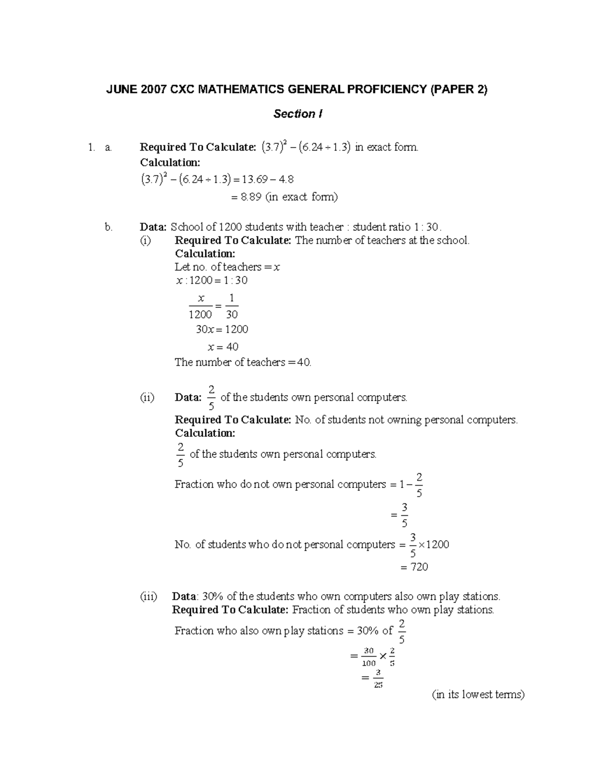 06. CSEC Maths JUNE 2007 - Mathematics - Studocu