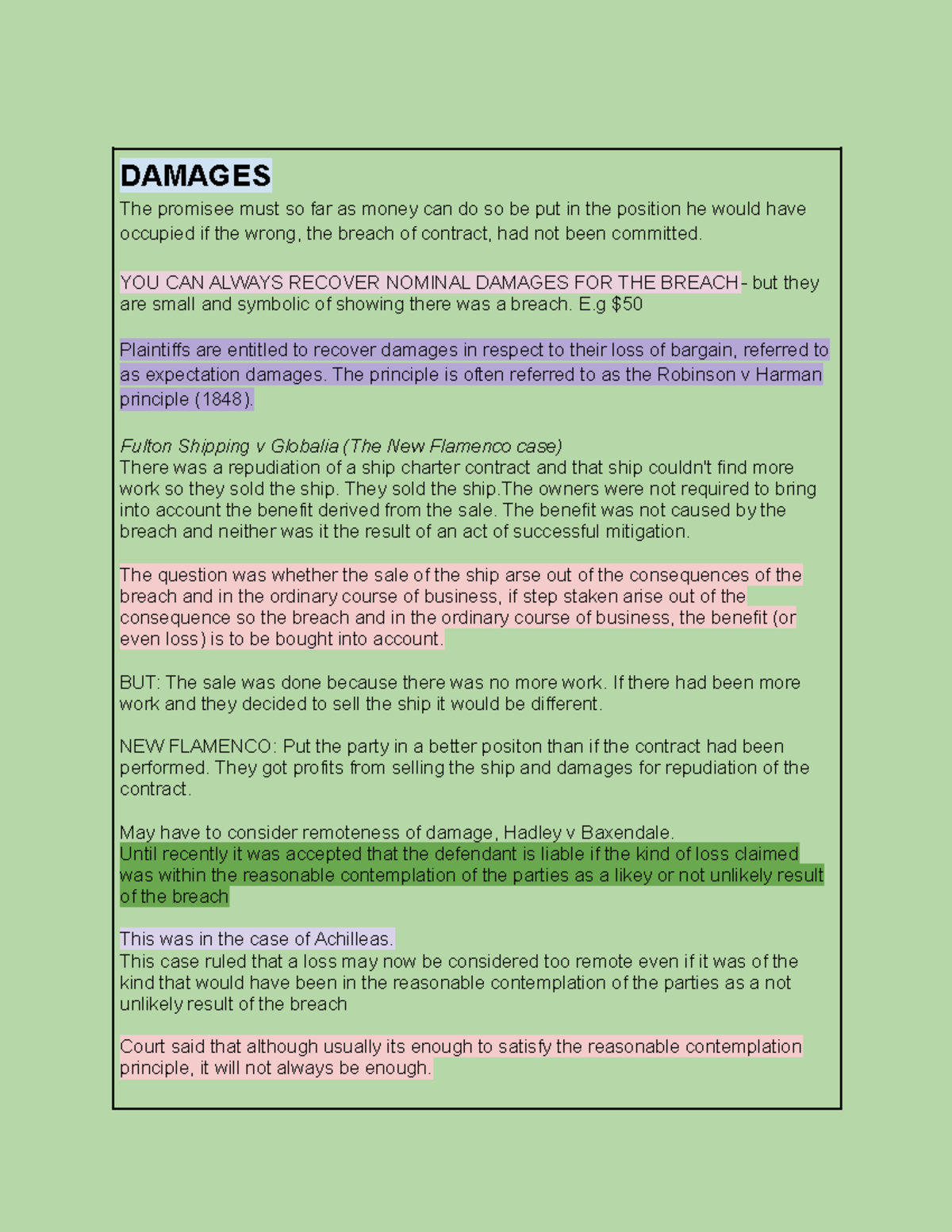 LAWS211 Damages - DAMAGES The promisee must so far as money can do so be put in the position he ...