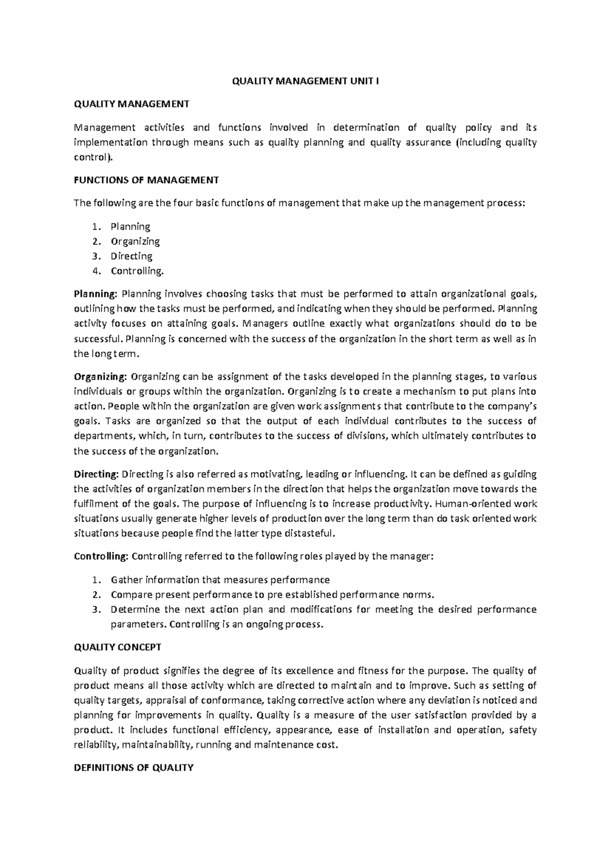 TQM notes unit-1 - mmmmmm - QUALITY MANAGEMENT UNIT I QUALITY ...