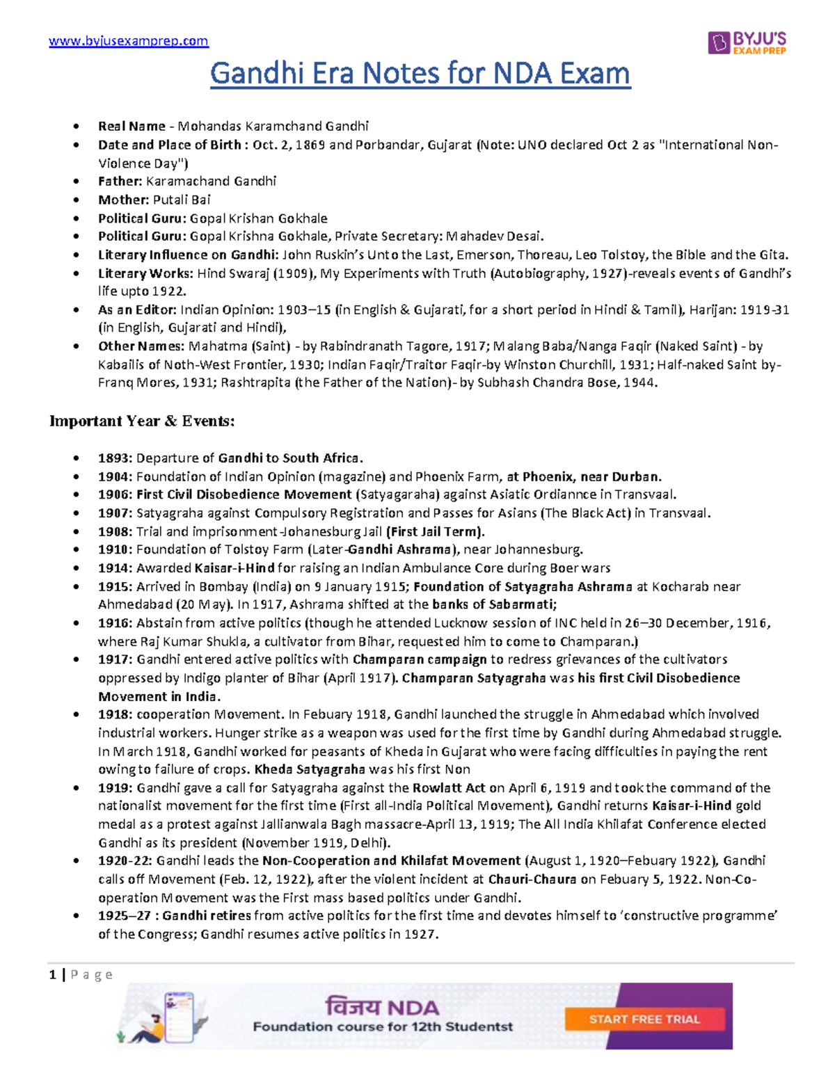 Gandhi era 89 - byjusexamprep 1 | P a g e Gandhi Era Notes for NDA Exam ...