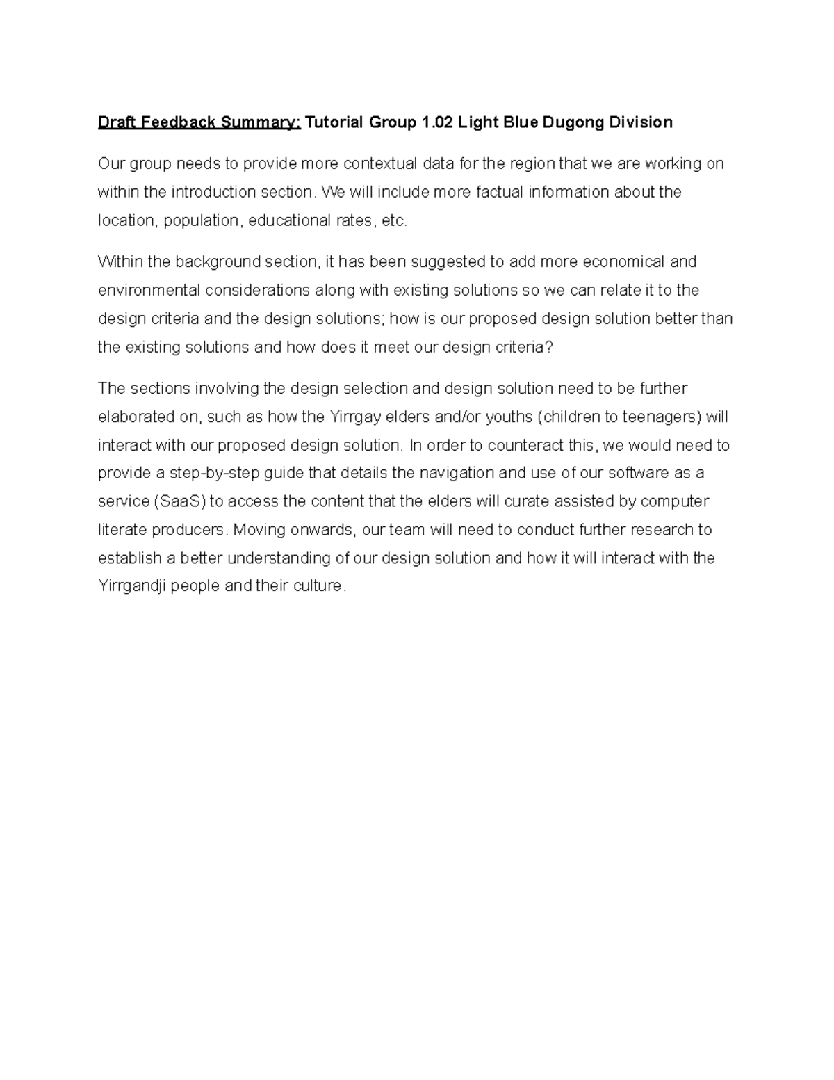 Duguon Division Summary Feedback - Draft Feedback Summary: Tutorial ...