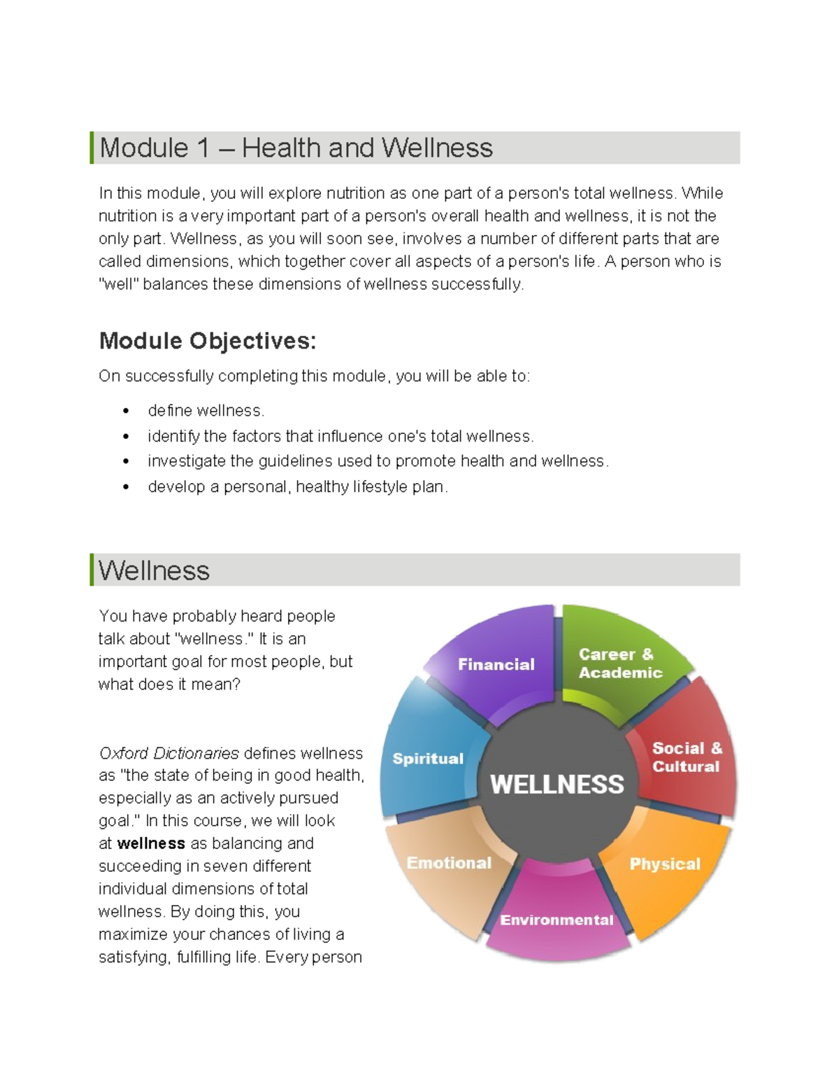 M1 notes - Module 1 – Health and Wellness In this module, you will ...