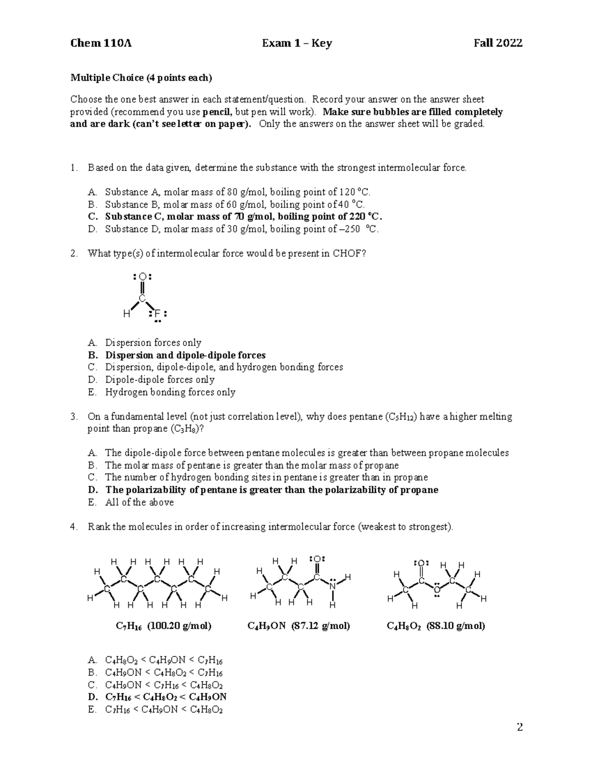 Exam1 110 Fa22 Key - exam - Multiple Choice (4 points each) Choose the one best answer in each ...