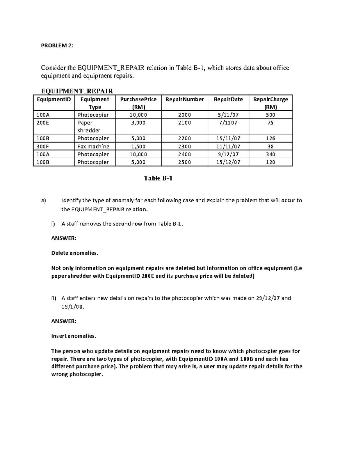 Normalization-Solution Problem 2 - PROBLEM 2: Consider the EQUIPMENT ...