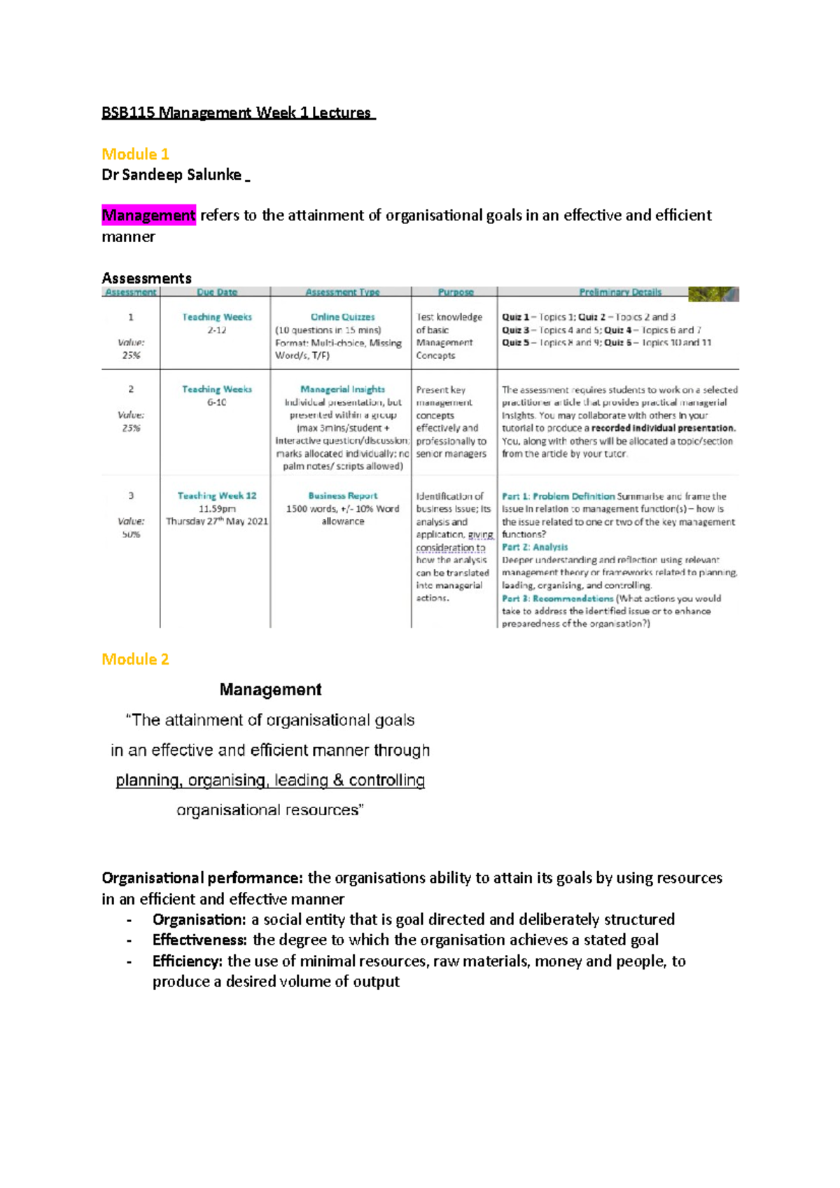 Week 1 modules - Summary of notes from week 1 module - BSB115 ...