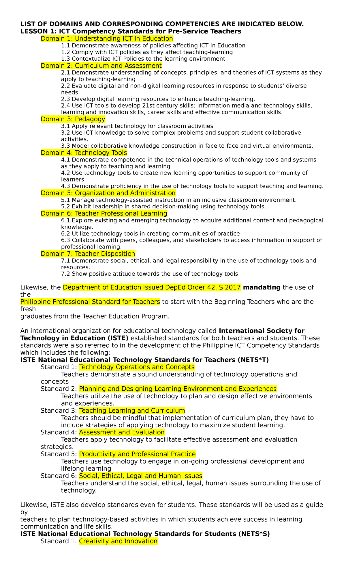 Tlearn Reviewer - LIST OF DOMAINS AND CORRESPONDING COMPETENCIES ARE ...