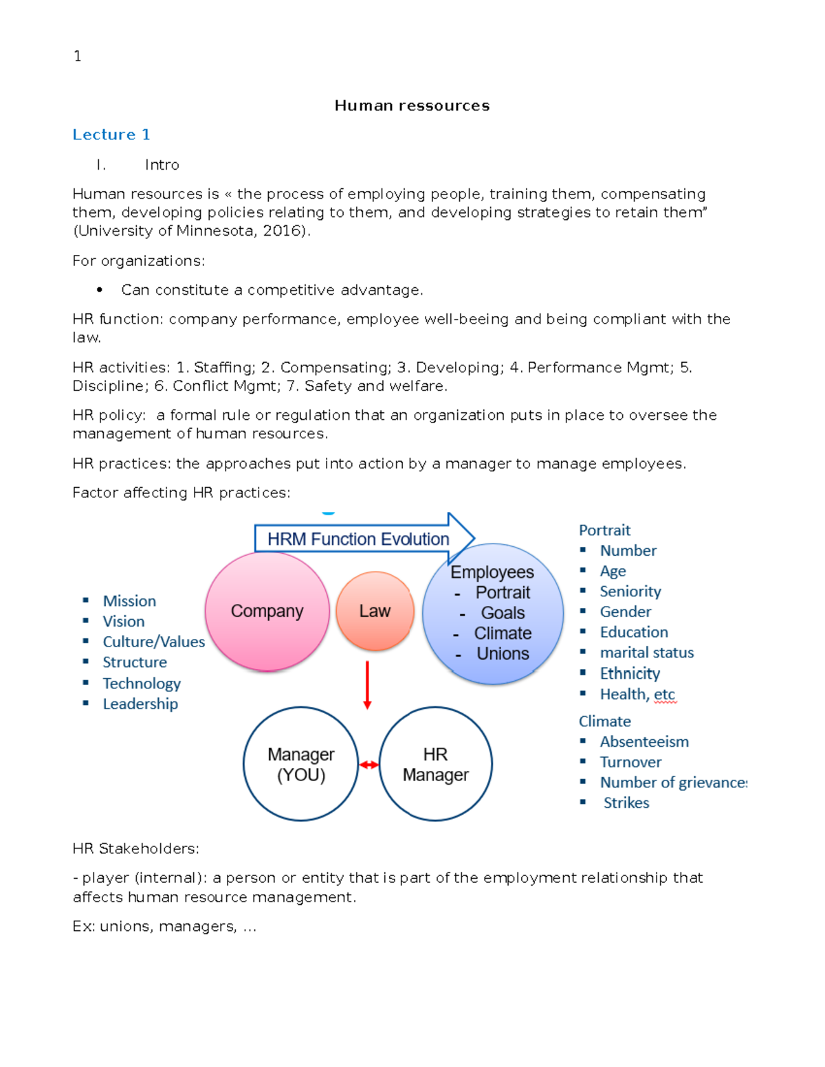 HR notes - Human ressources Lecture 1 I. Intro Human resources is « the ...