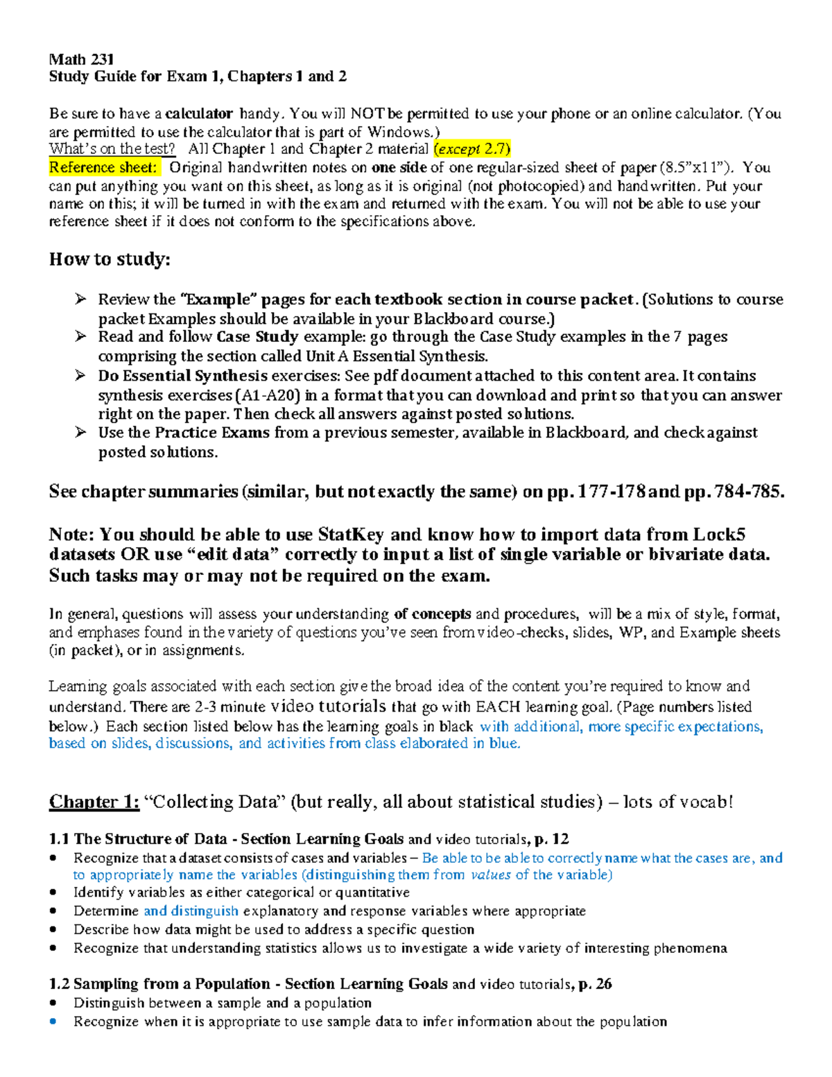 Exam 1 study guide - Math 231 Study Guide for Exam 1, Chapters 1 and 2 ...