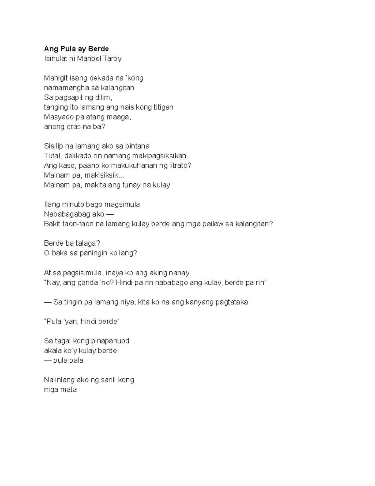 Ang Pula ay Berde - Sample poetry - Ang Pula ay Berde Isinulat ni ...
