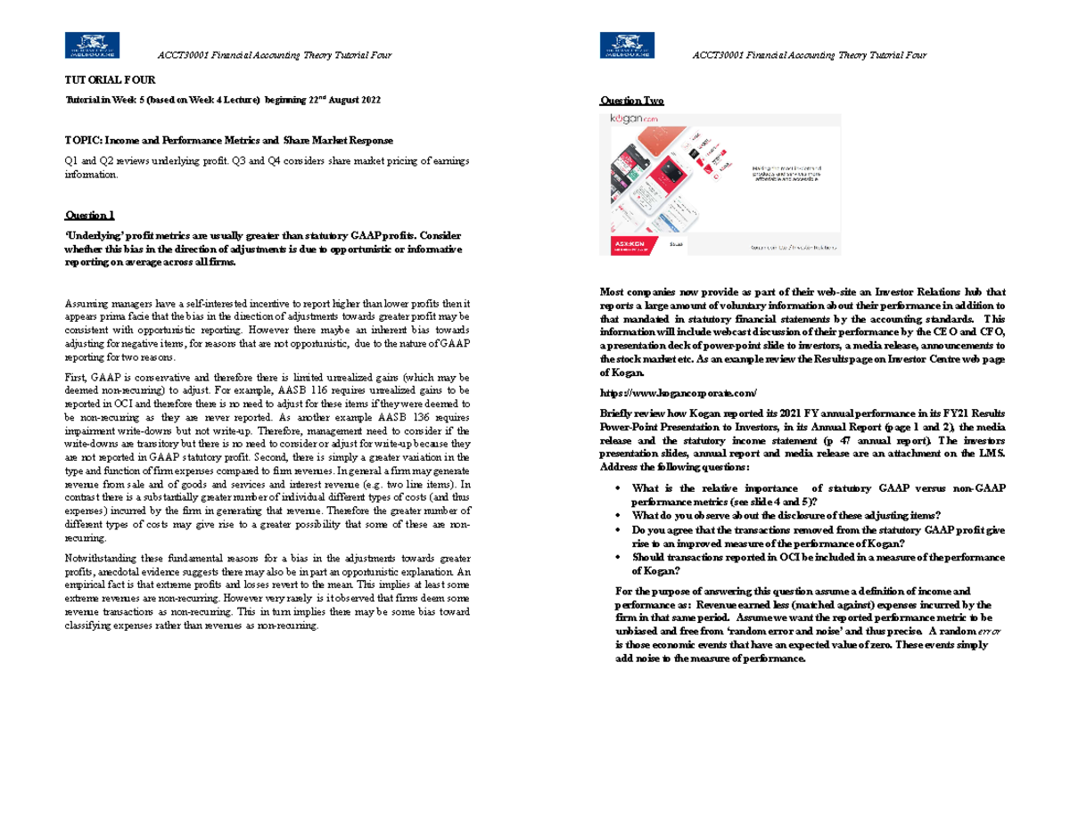 Fat tut 4 - tut 3 - TUTORIAL FOUR Tutorial in Week 5 (based on Week 4 Lecture) beginning 22nd ...