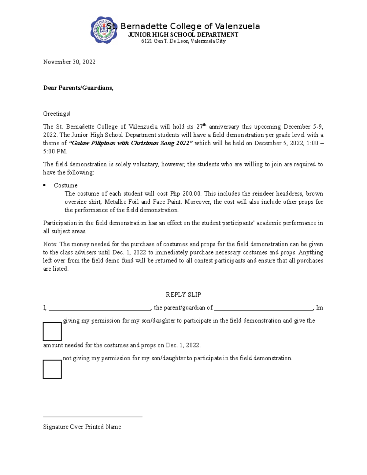 Informed Consent FOR Field Demonstration - St. Bernadette College of ...