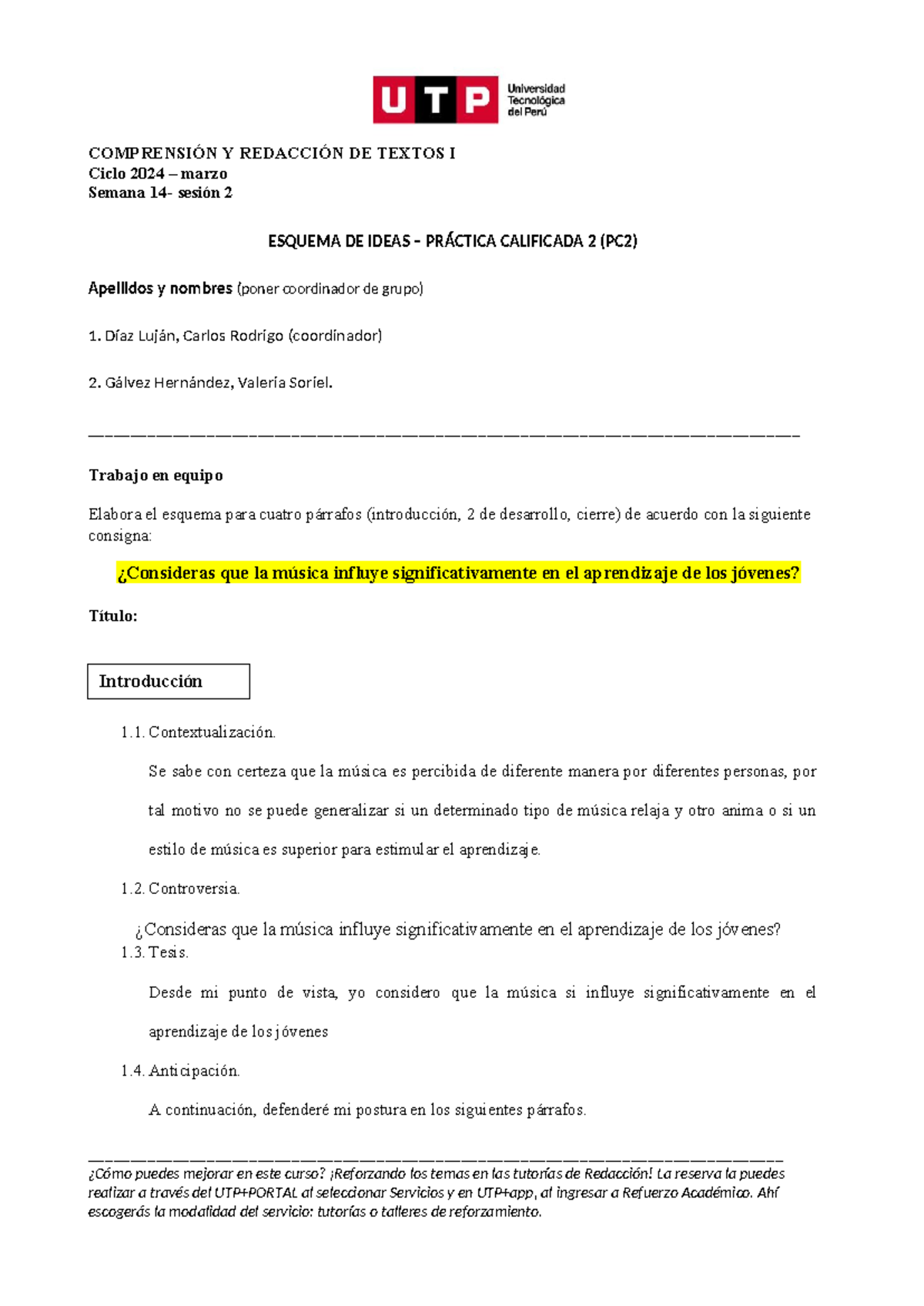 S14.s2 esquema de redaccion - COMPRENSIÓN Y REDACCIÓN DE TEXTOS I Ciclo 2024 – marzo Semana 14 ...