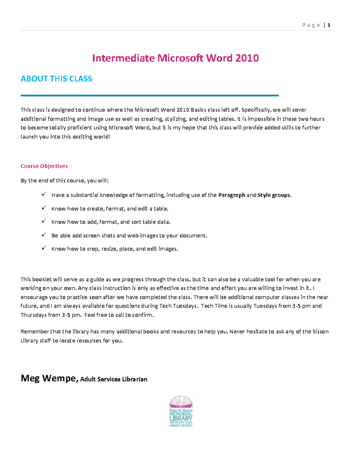 Intermediate Word 2010 Handout - Intermediate Microsoft Word 2010 ABOUT ...