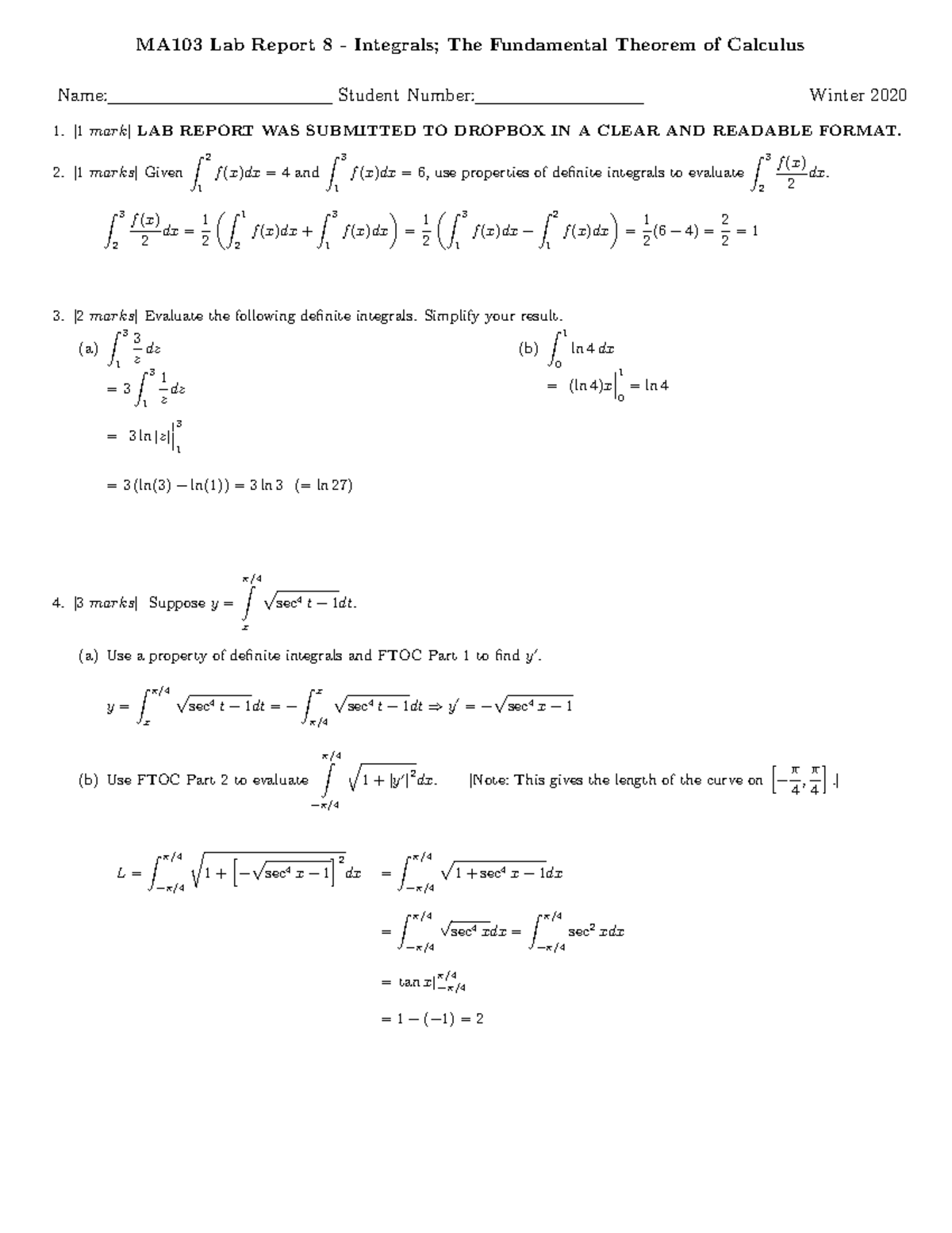 Ma103 Lab material For students - MA103 Lab Report 8 - Integrals; The ...
