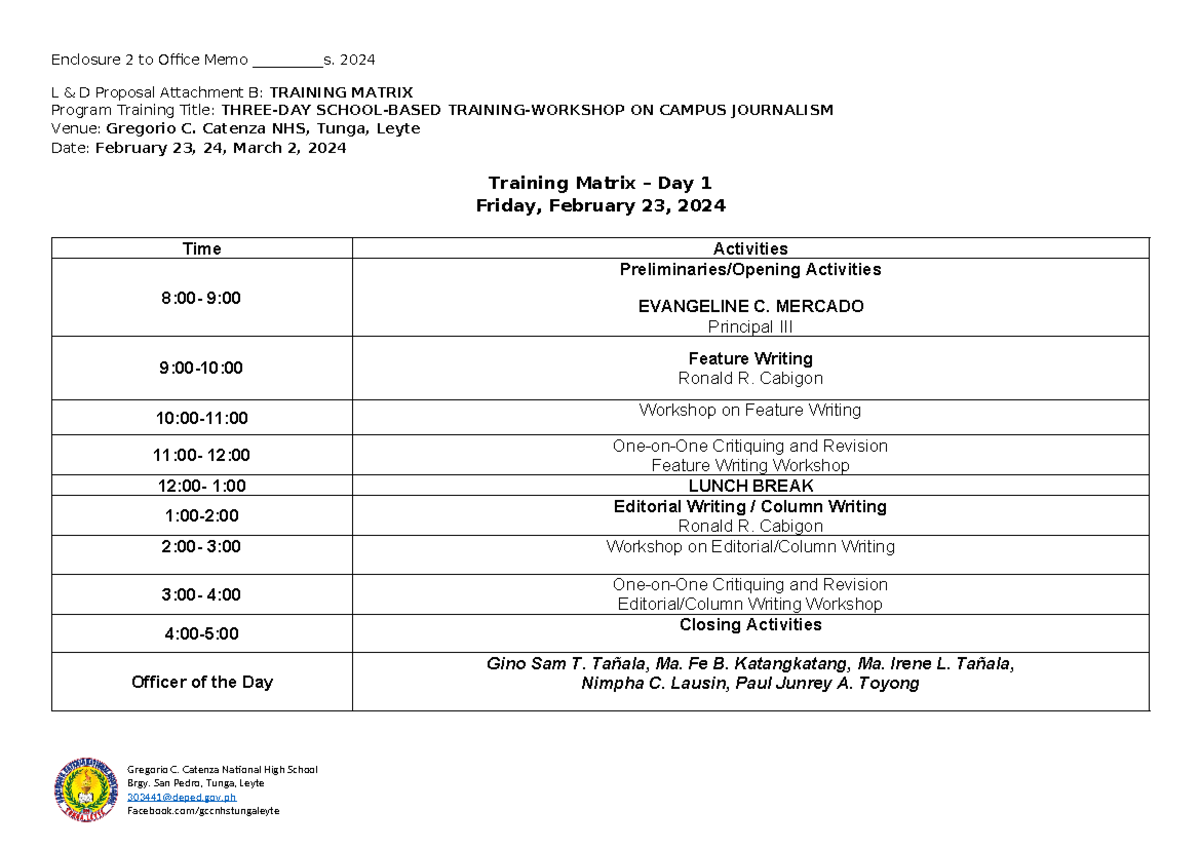 Training-Matrix - Gregorio C. Catenza National High School Brgy. San ...