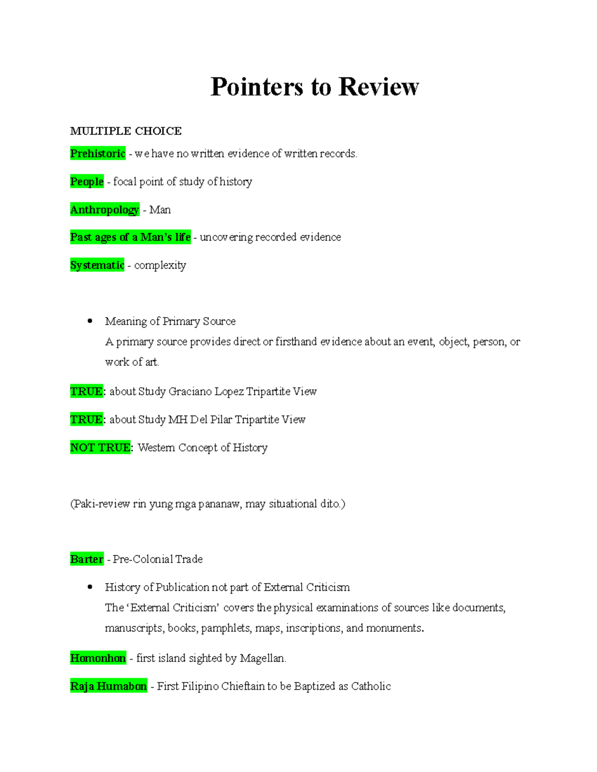 Midterm- Reviewer-RPH - Pointers to Review MULTIPLE CHOICE Prehistoric ...