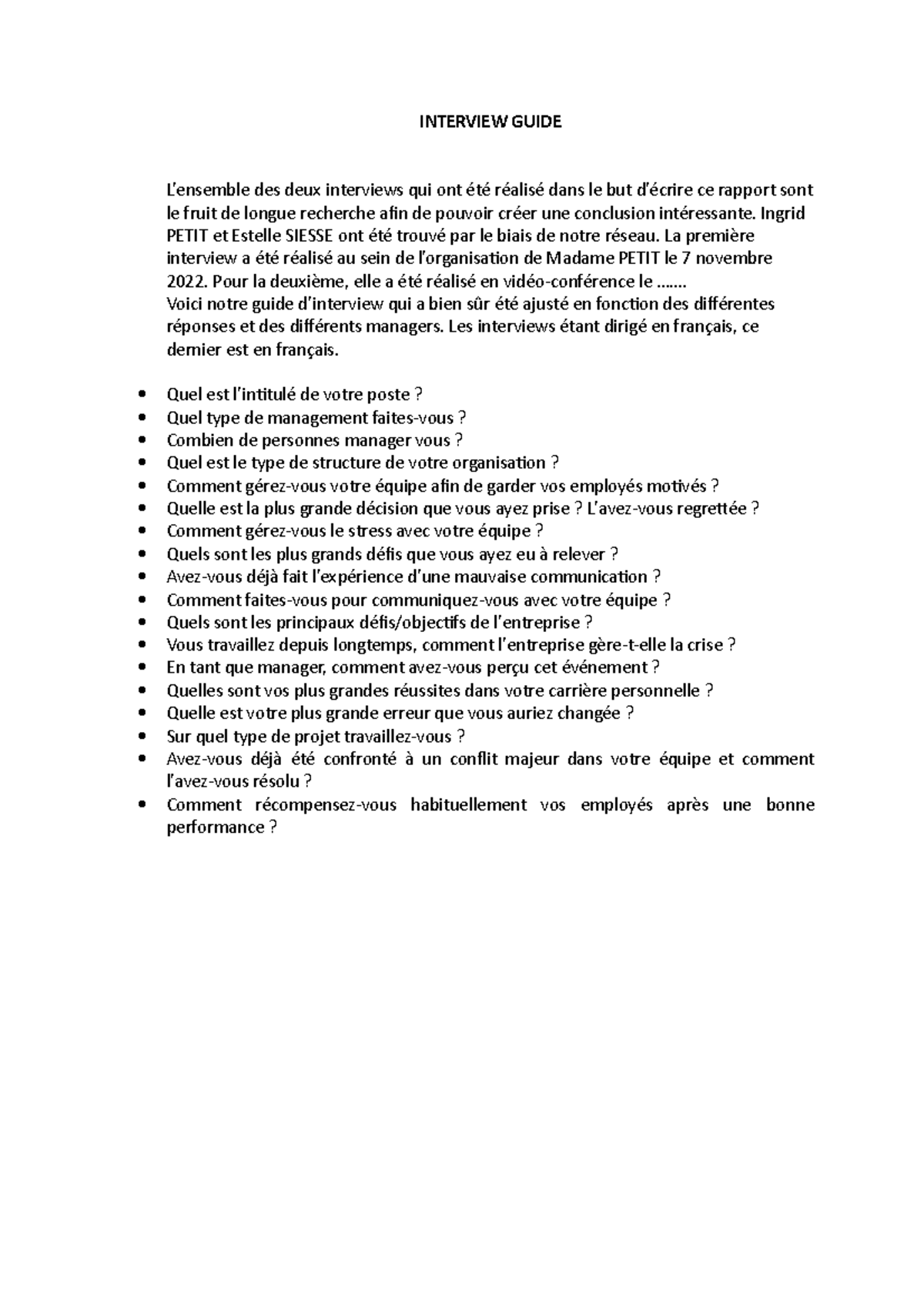 Interview Guide RH - INTERVIEW GUIDE L’ensemble des deux interviews qui ...