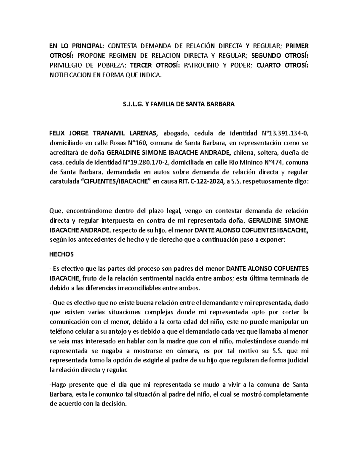 Contestacion demanda relacion directa y regular Ibacache - EN LO ...