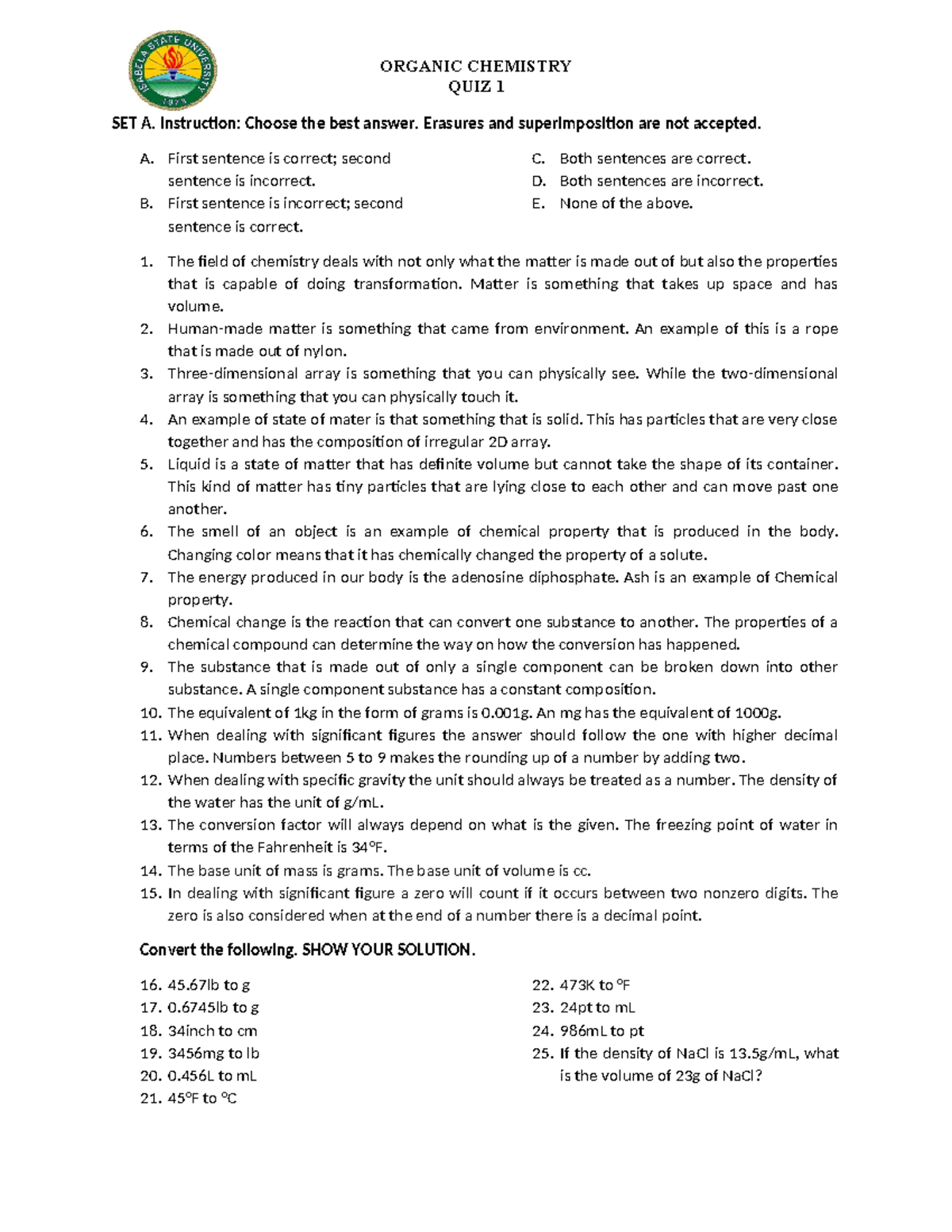 Organic Chemistry Quiz 1 at Rachel Morgan blog