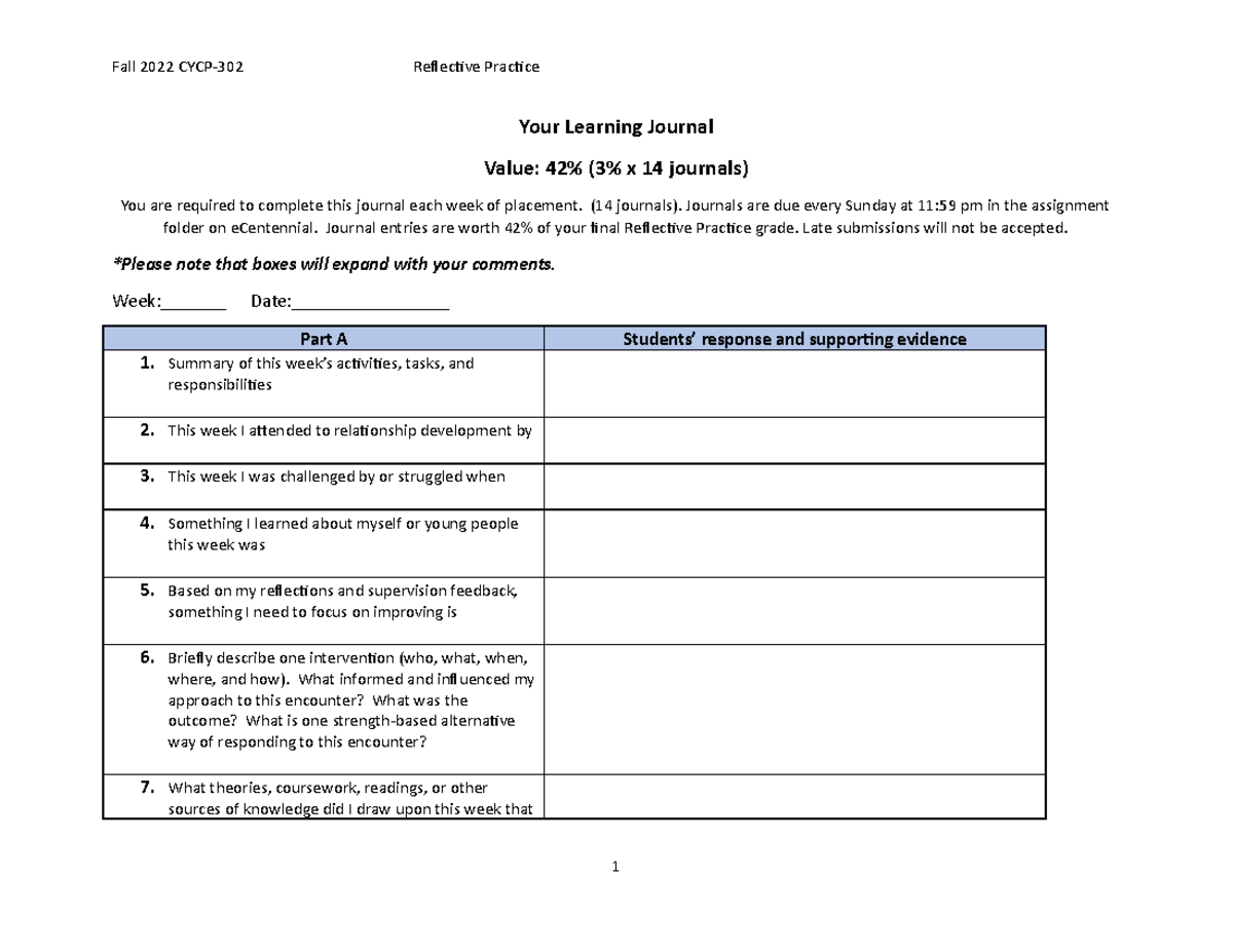 Reflective Practice Learning Journal - Fall 2022 CYCP-302 Reflective ...