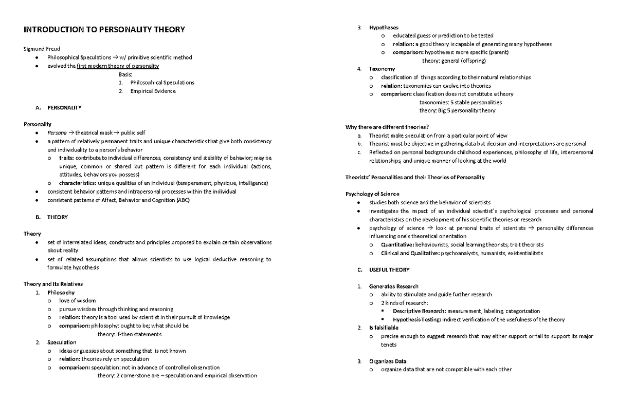 Theories of Personality Reviewer - INTRODUCTION TO PERSONALITY THEORY ...