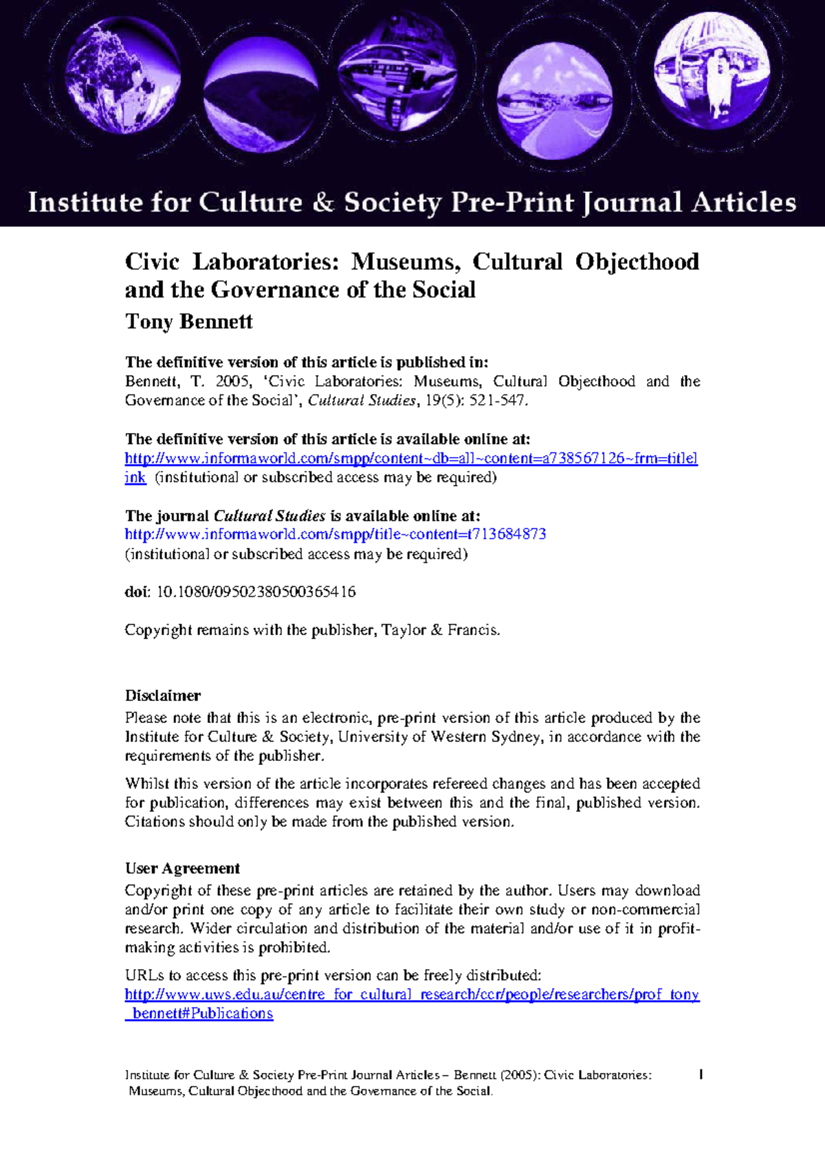 Bennett Civic Laboratories ICS Pre-Print Final - Institute for Culture ...