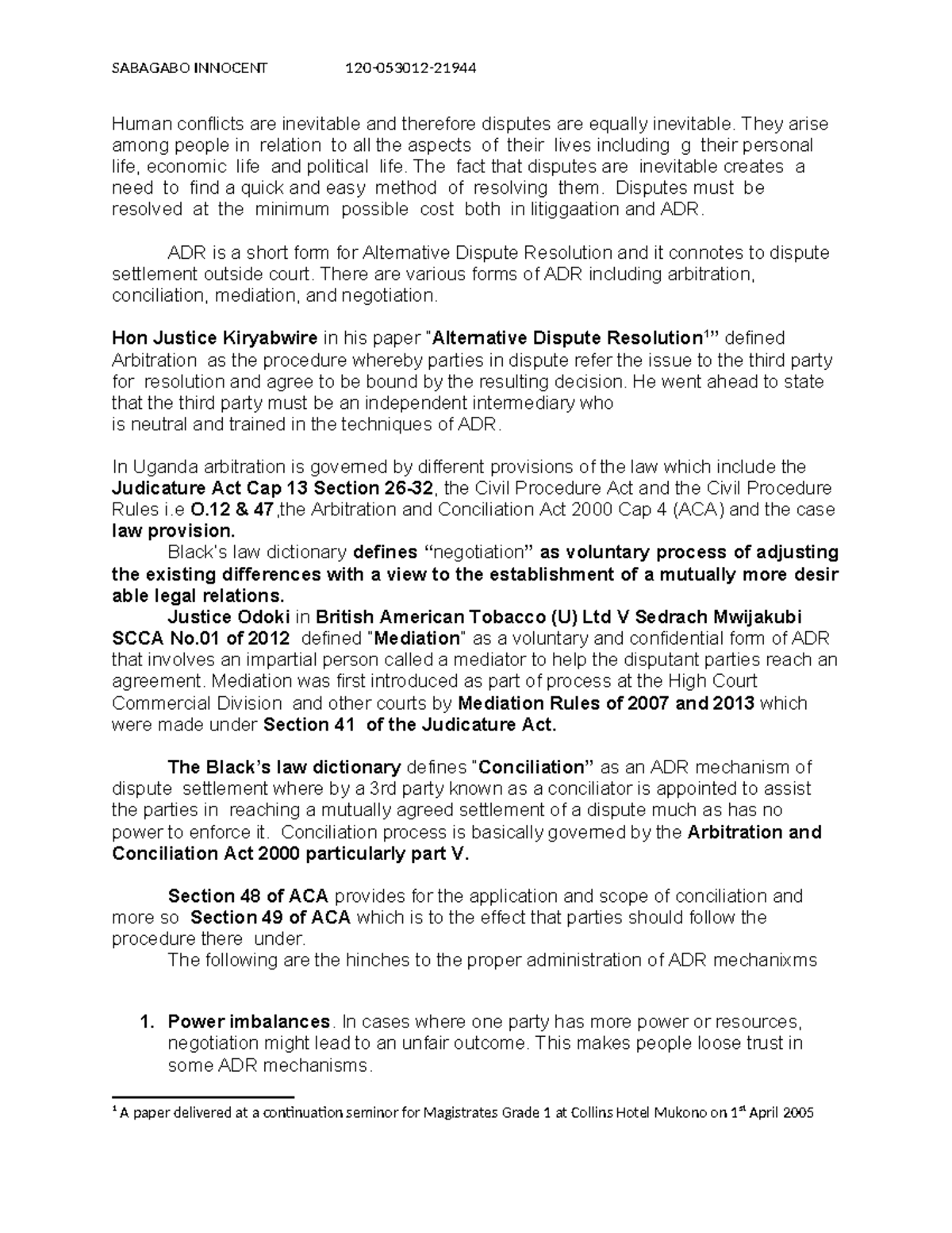 2705 adr - Summary Alternative dispute resolution - SABAGABO INNOCENT ...