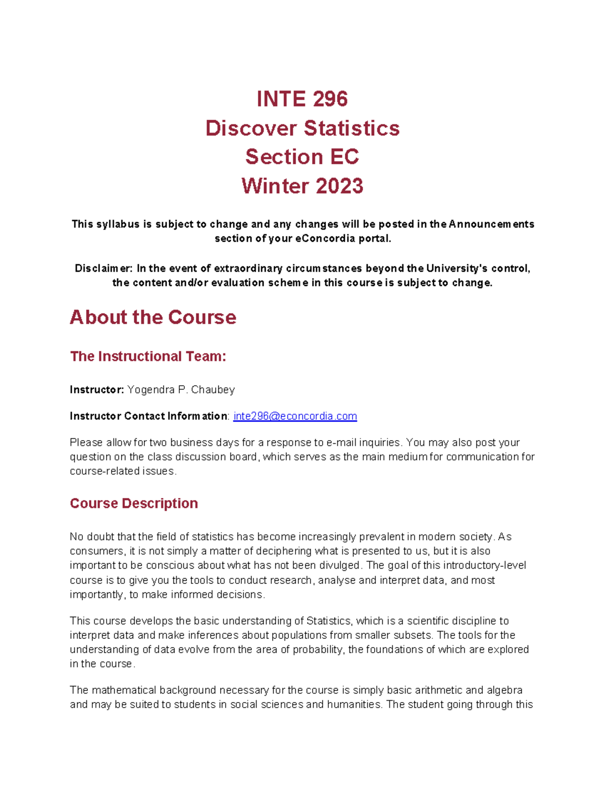 INTE296 4 23 - syllabus discover statistics W2023 - INTE 296 Discover Statistics Section EC ...