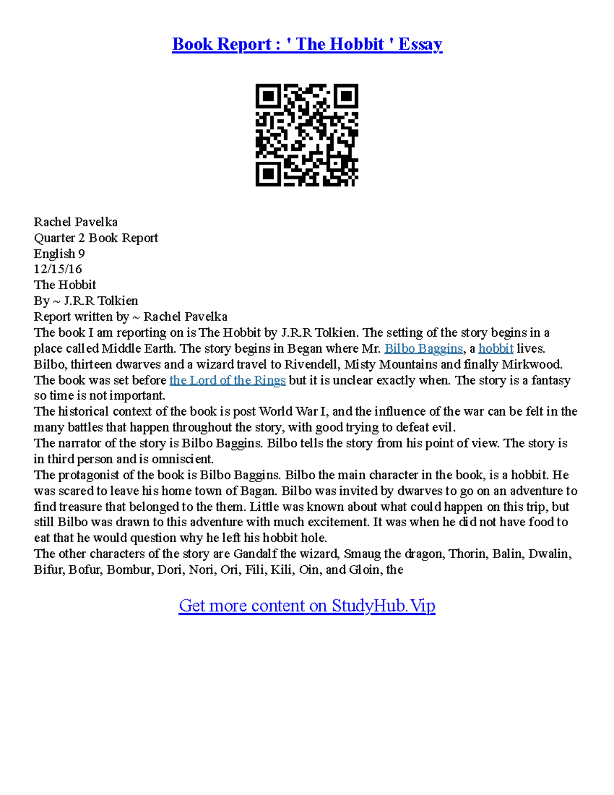 The Hobbit Essay - Book Report : ' The Hobbit ' Essay Rachel Pavelka ...