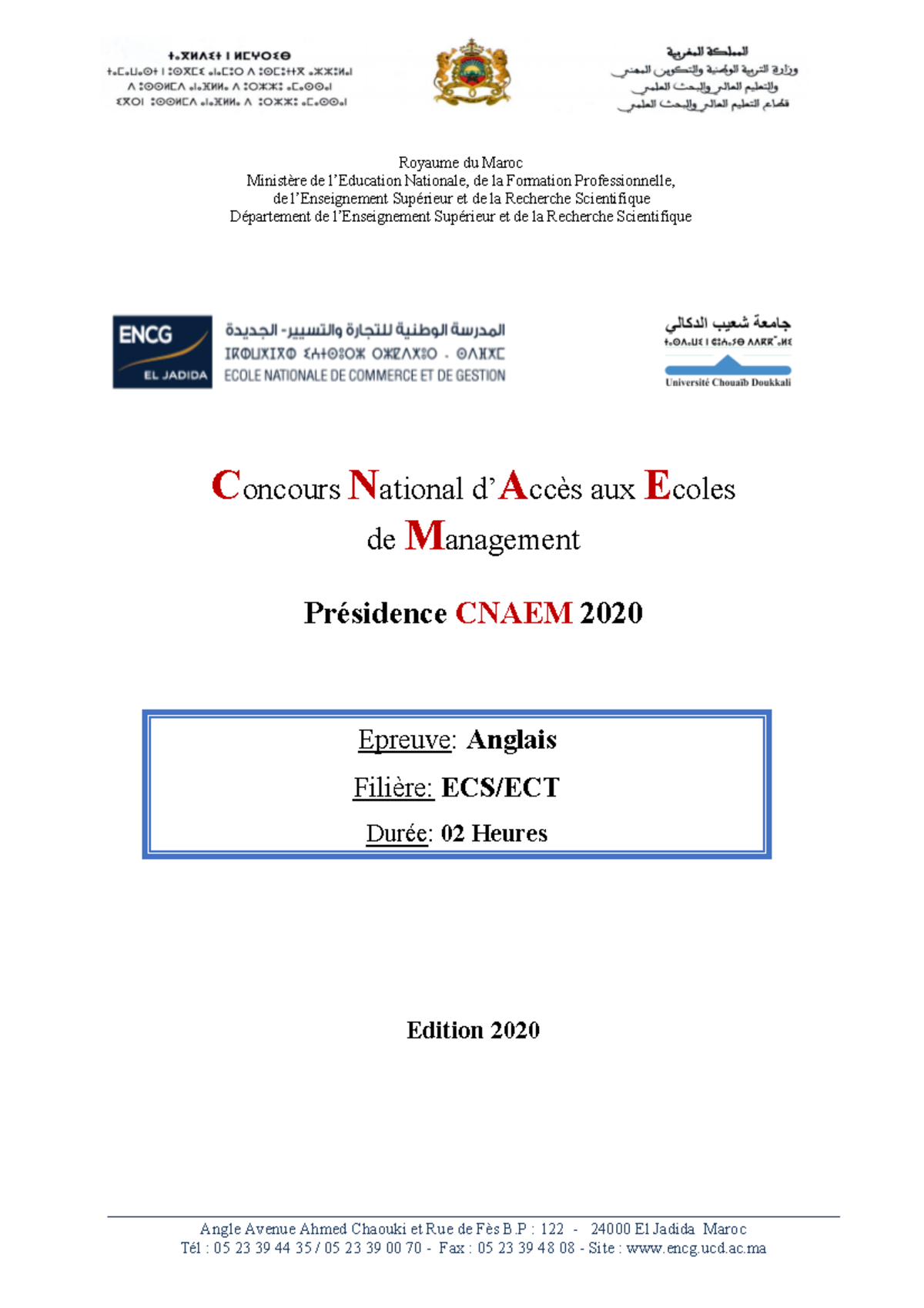 Cnaem 2020 Anglais VF - Angle Avenue Ahmed Chaouki et Rue de Fès B : 122 - 24000 El Jadida Maroc ...