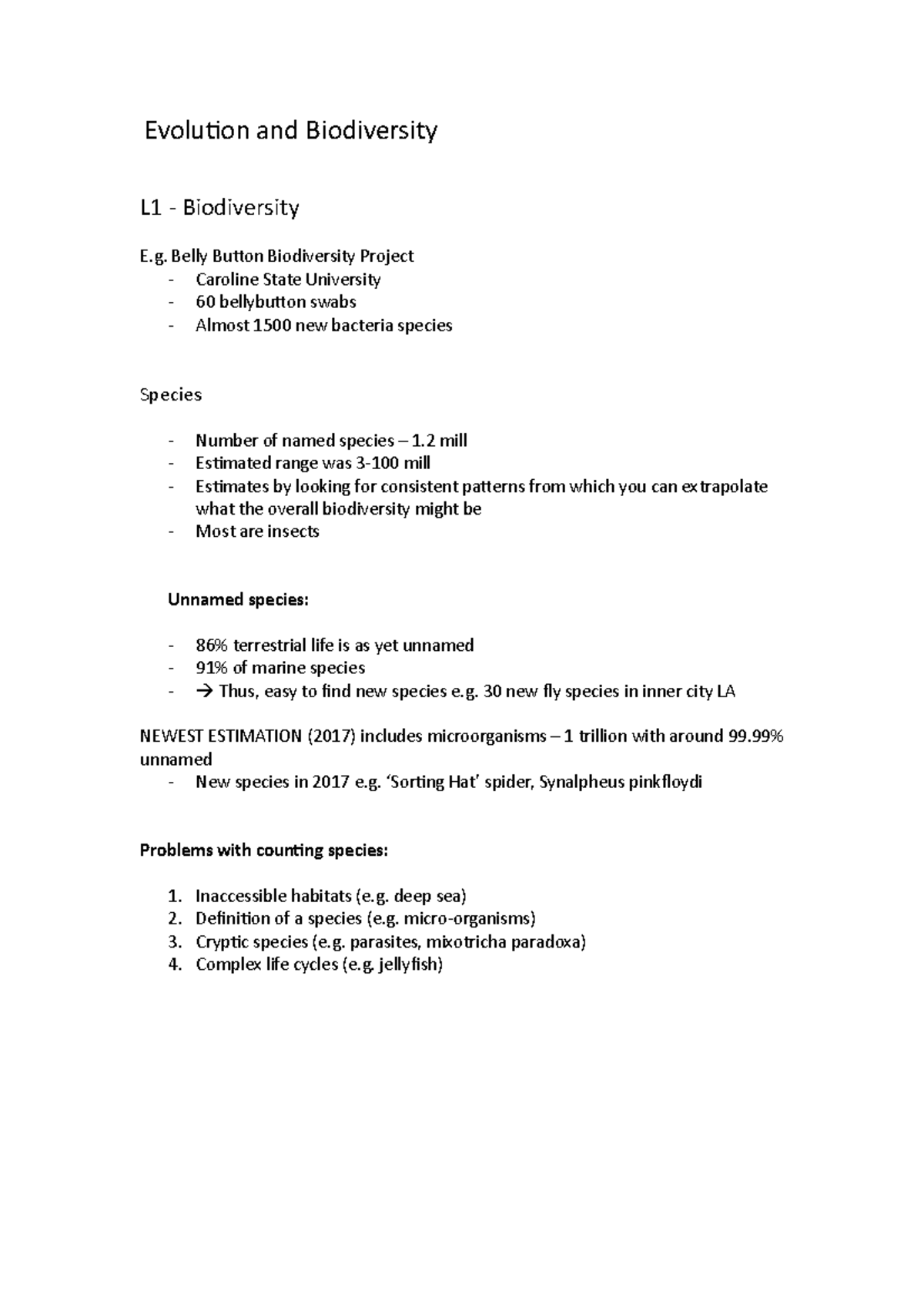 Biodiversity notes - Evolution and Biodiversity L1 Biodiversity E ...