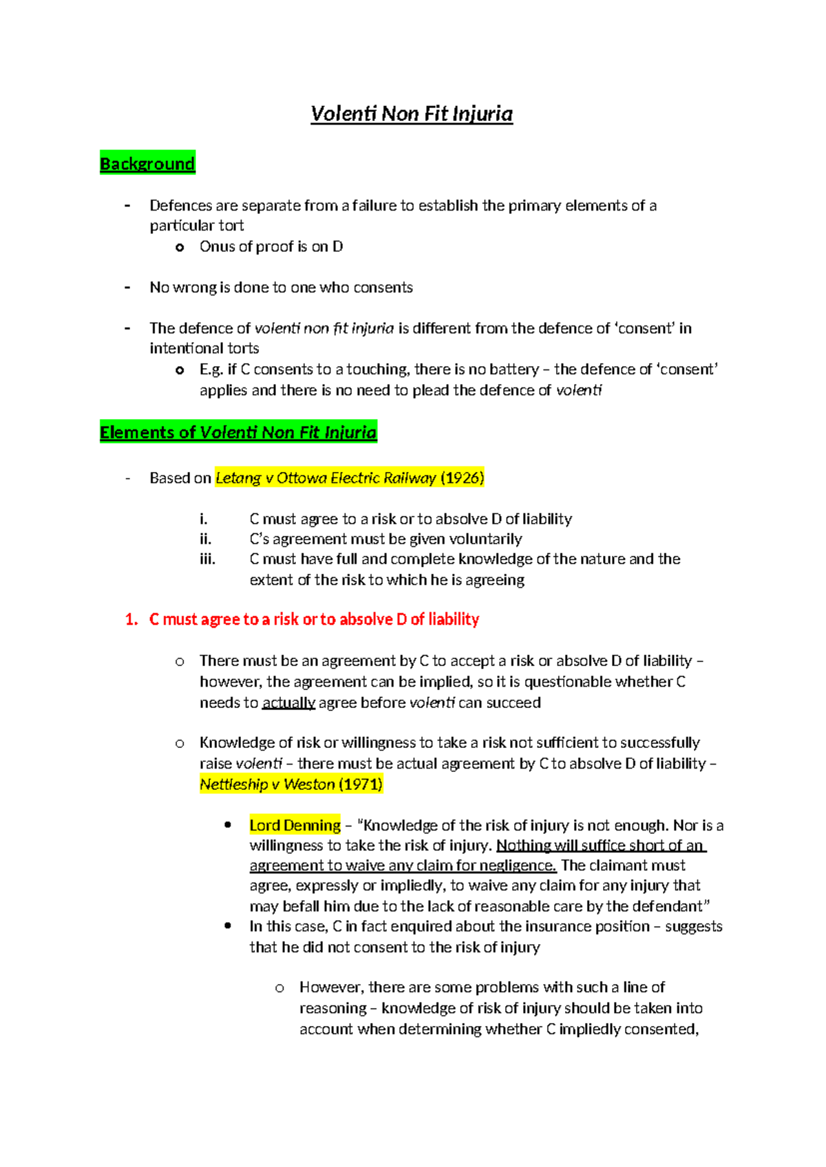 Defences Summary - Volenti Non Fit Injuria Background Defences are ...