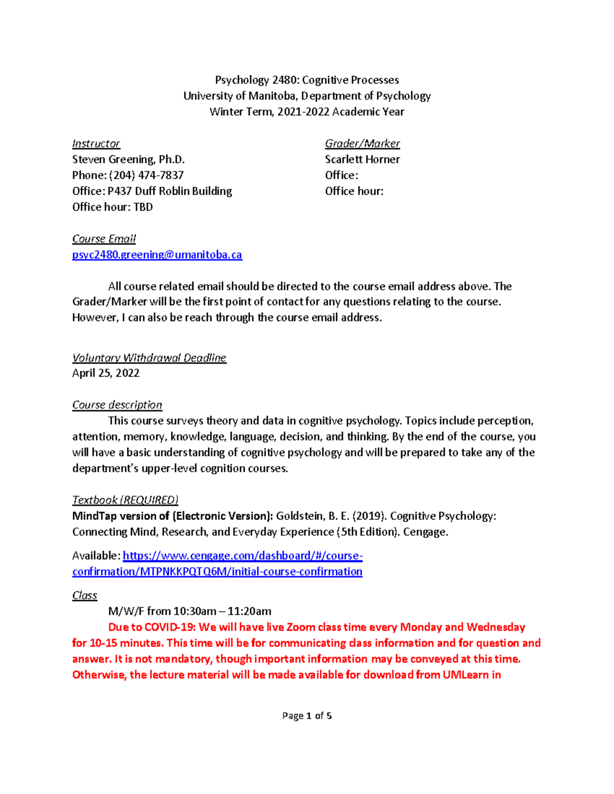 syllabus for cognitive - Psychology 2480: Cognitive Processes ...