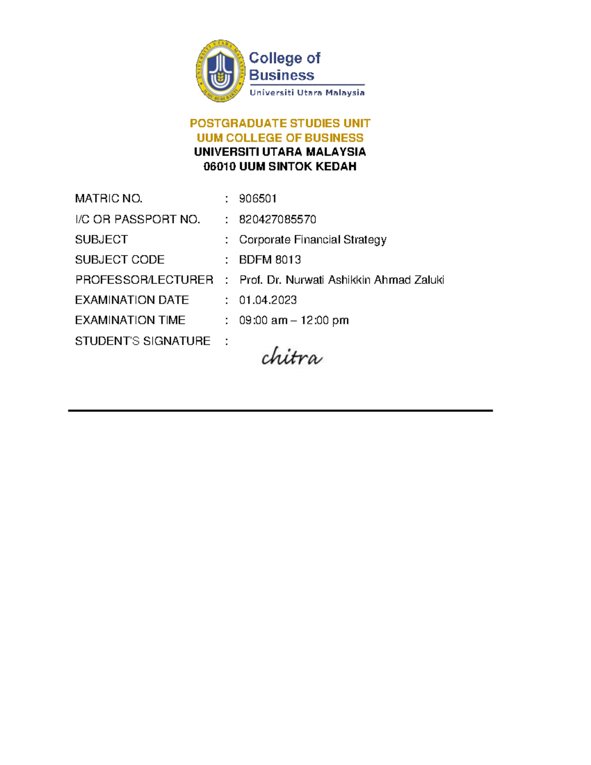 Final Exam Answer Booklet Q1 - UUM COLLEGE OF BUSINESS UNIVERSITI UTARA ...