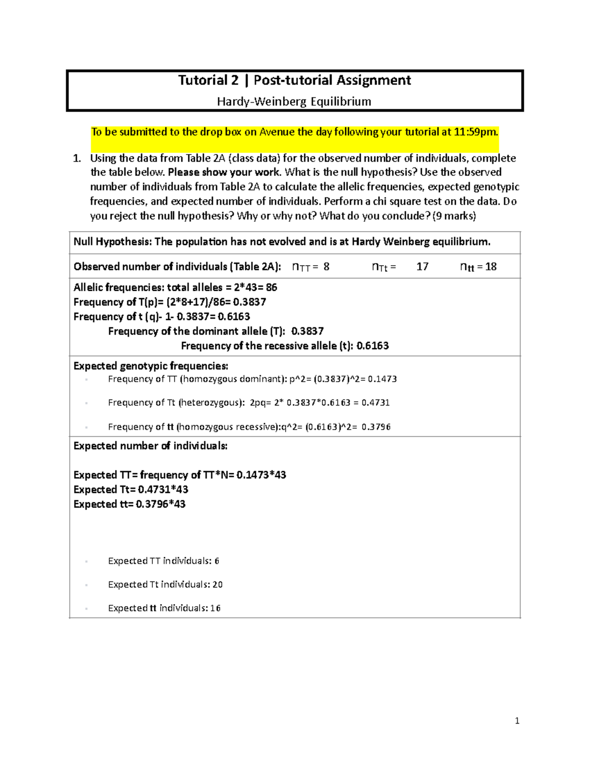 Post-Tutorial Assignment 2 F23 - Tutorial 2 | Post-tutorial Assignment Hardy-Weinberg ...