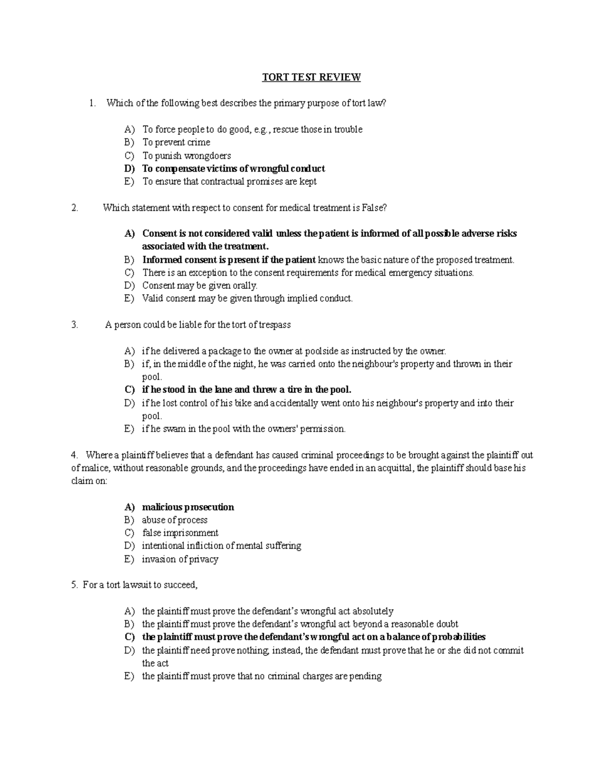 Torts Review - TORT TEST REVIEW Which of the following best describes ...